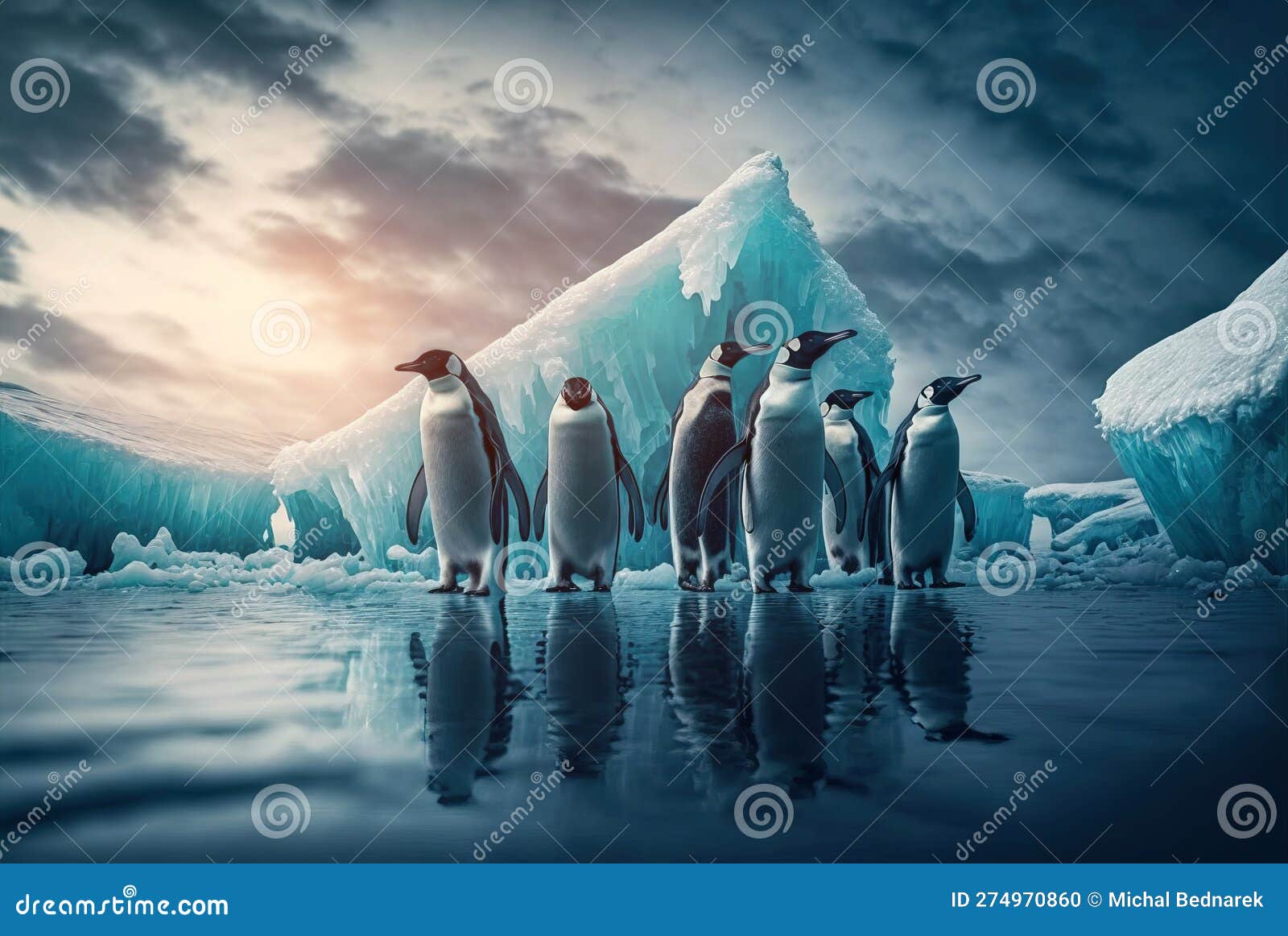 Penguin Group on Melting Iceberg, Global Warming. Generative AI Stock ...