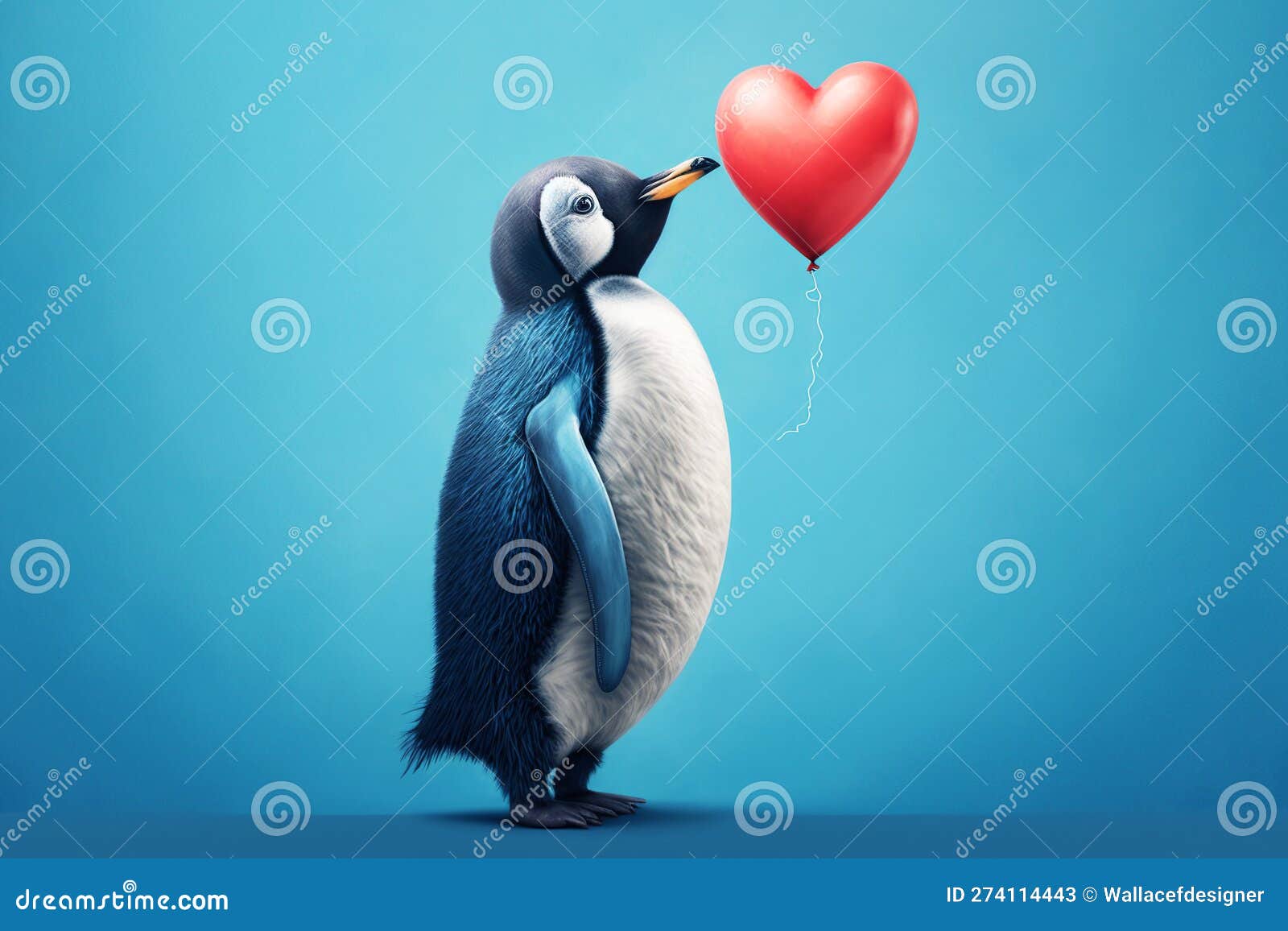 Penguin with Heart Balloon on Blue Background. Generative AI. Stock ...