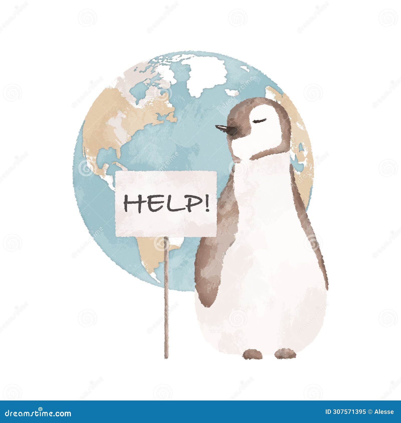 Penguin with a Help Sign and Planet Earth Illustration. Stock ...