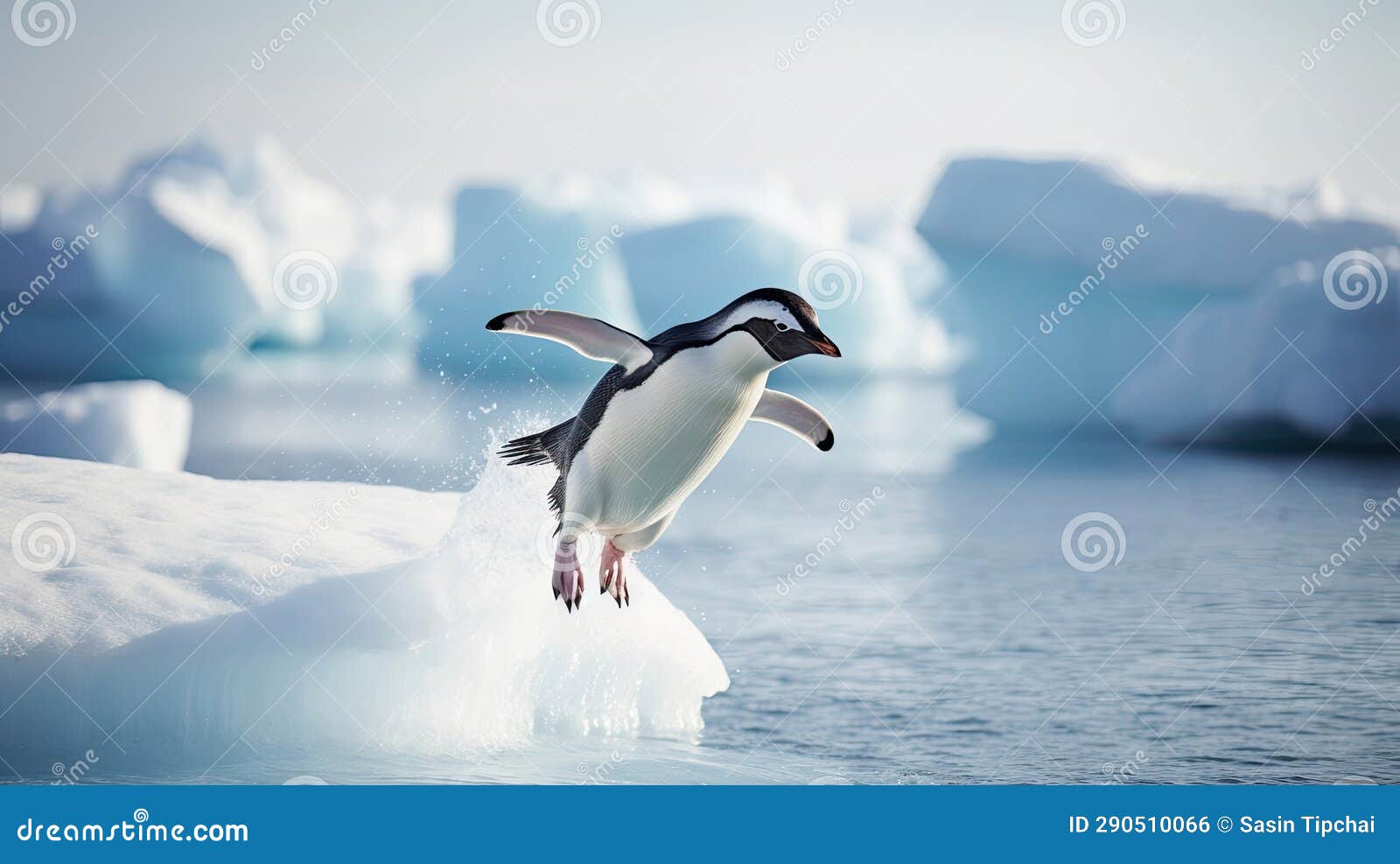 Penguin Jumping Off the Water from Ice Berg Stock Photo - Image of pole ...