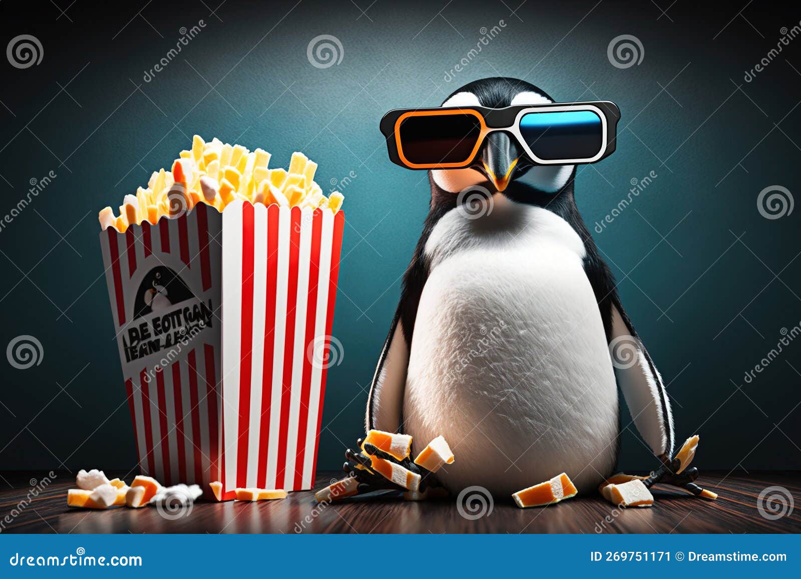 The Penguin Sits in 3D Glasses in the Cinema with Popcorn, Ai ...