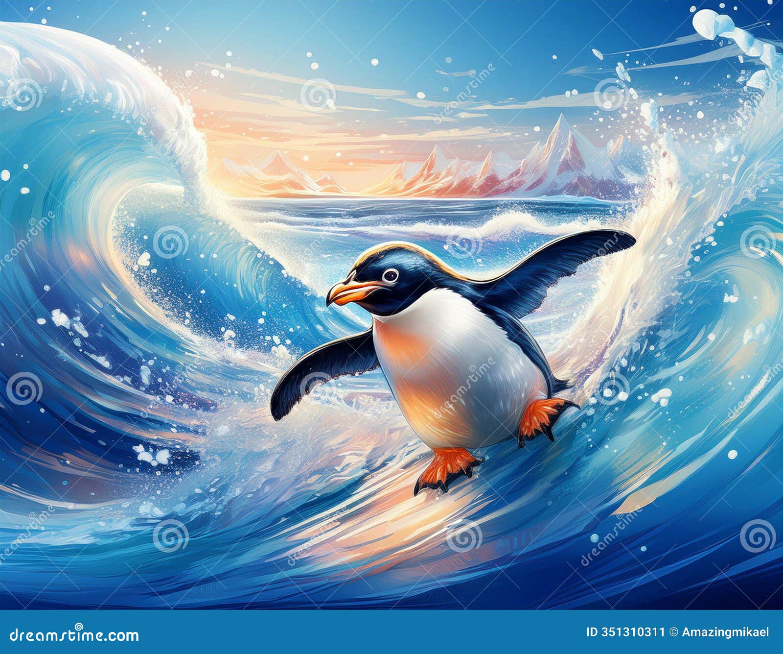 Penguin Sliding Down an Icy Wave Stock Image - Image of movement ...
