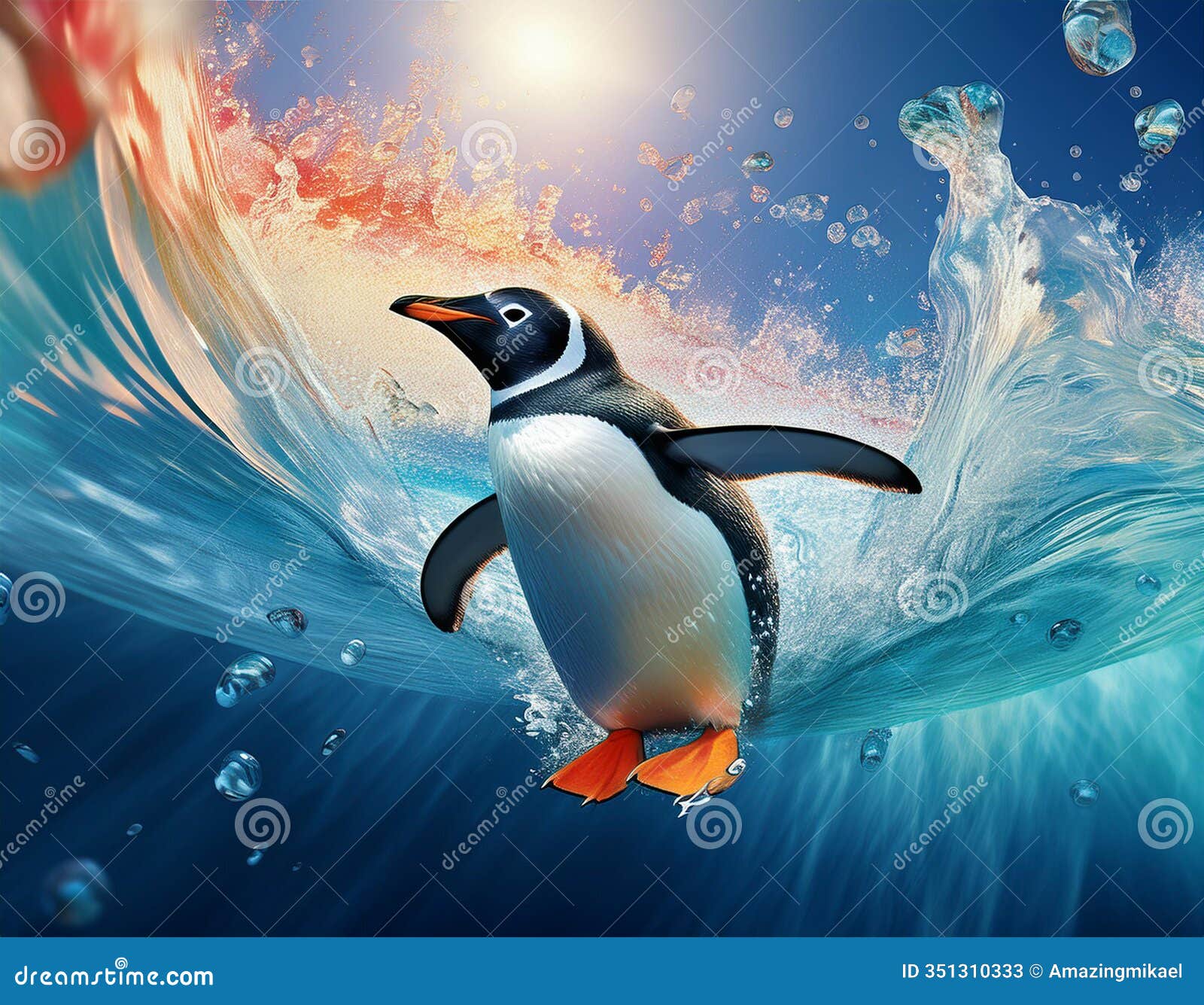Penguin Sliding Down an Icy Wave Stock Image - Image of playful ...