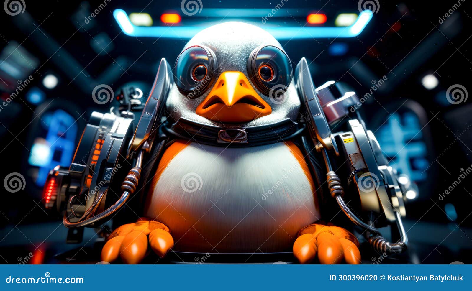 Penguin in Space Suit with Light on Its Head and Spaceship in the ...