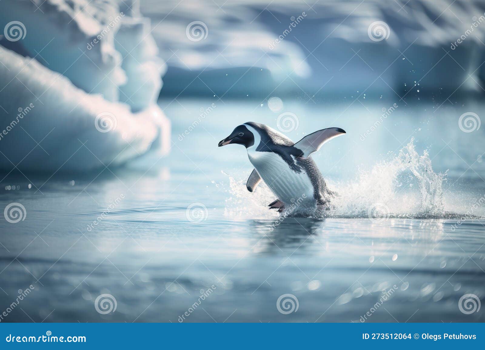 Penguin Splashes Water In Front Of A Massive Iceberg In A Frigid ...