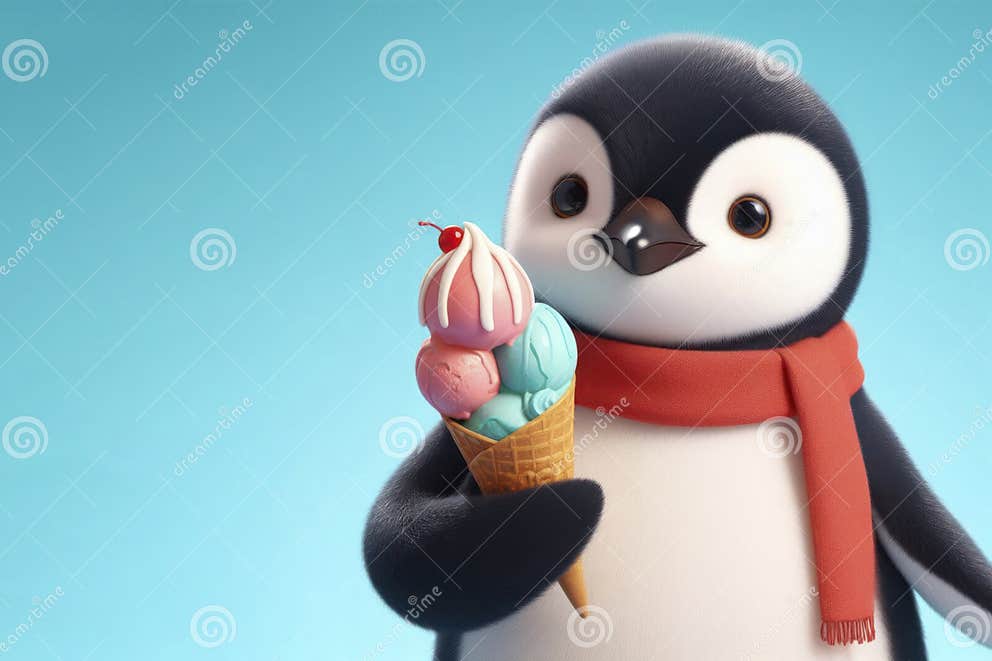 A Penguin Standing Hold Ice Cream Cone on Solid Blue Background. Ai ...