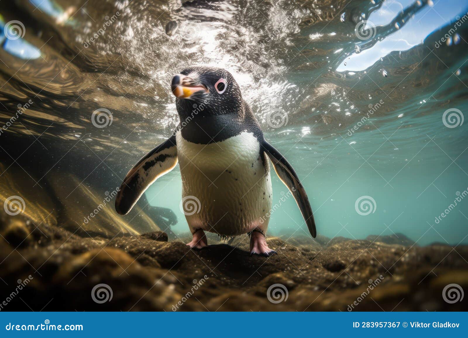 Penguin Swimming In The Blue Ocean. Penguin Swimming Underwater, A ...