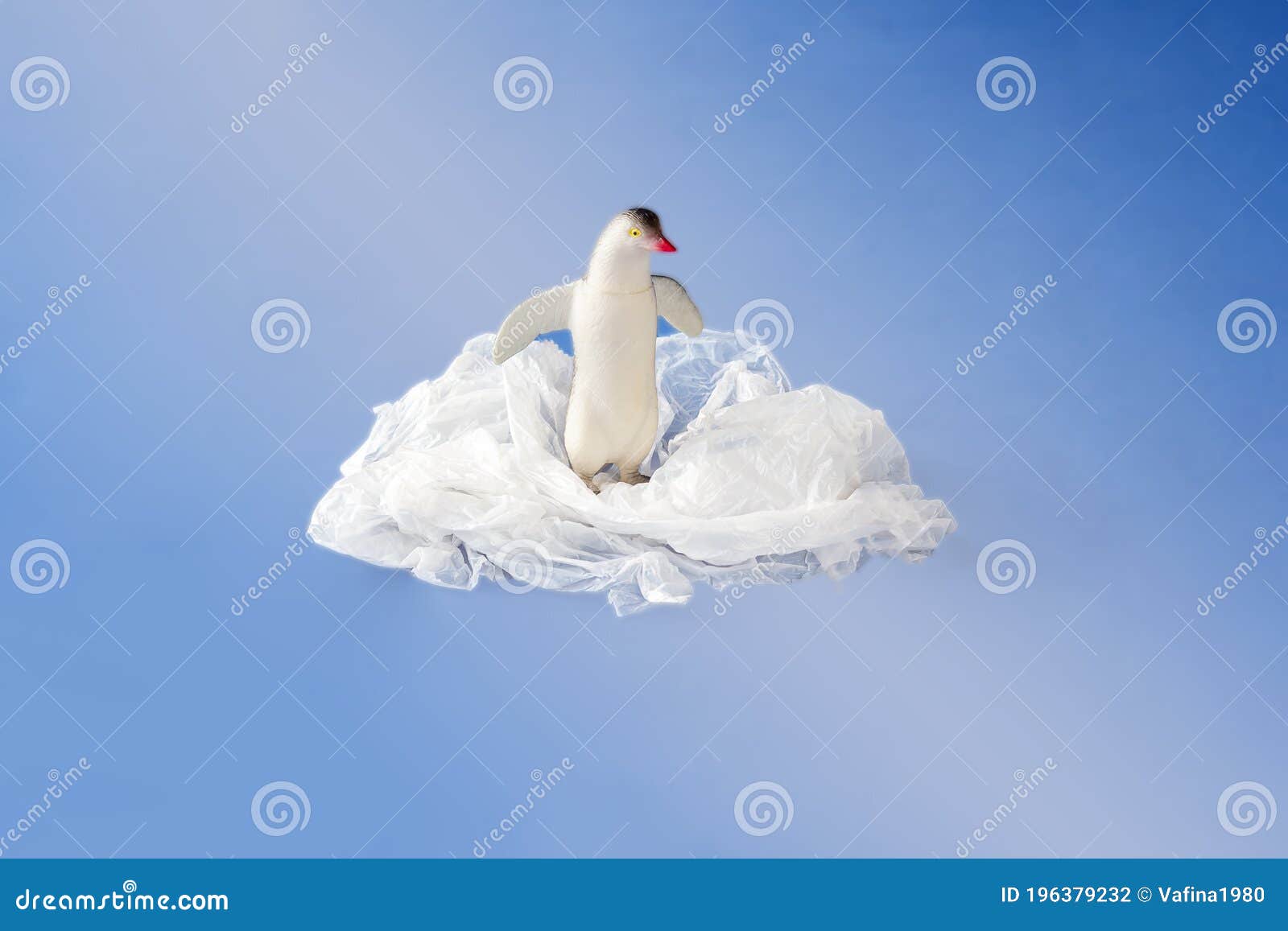 Penguin Toy Entangled in a Plastic Bag on Blue Background. Concept of ...