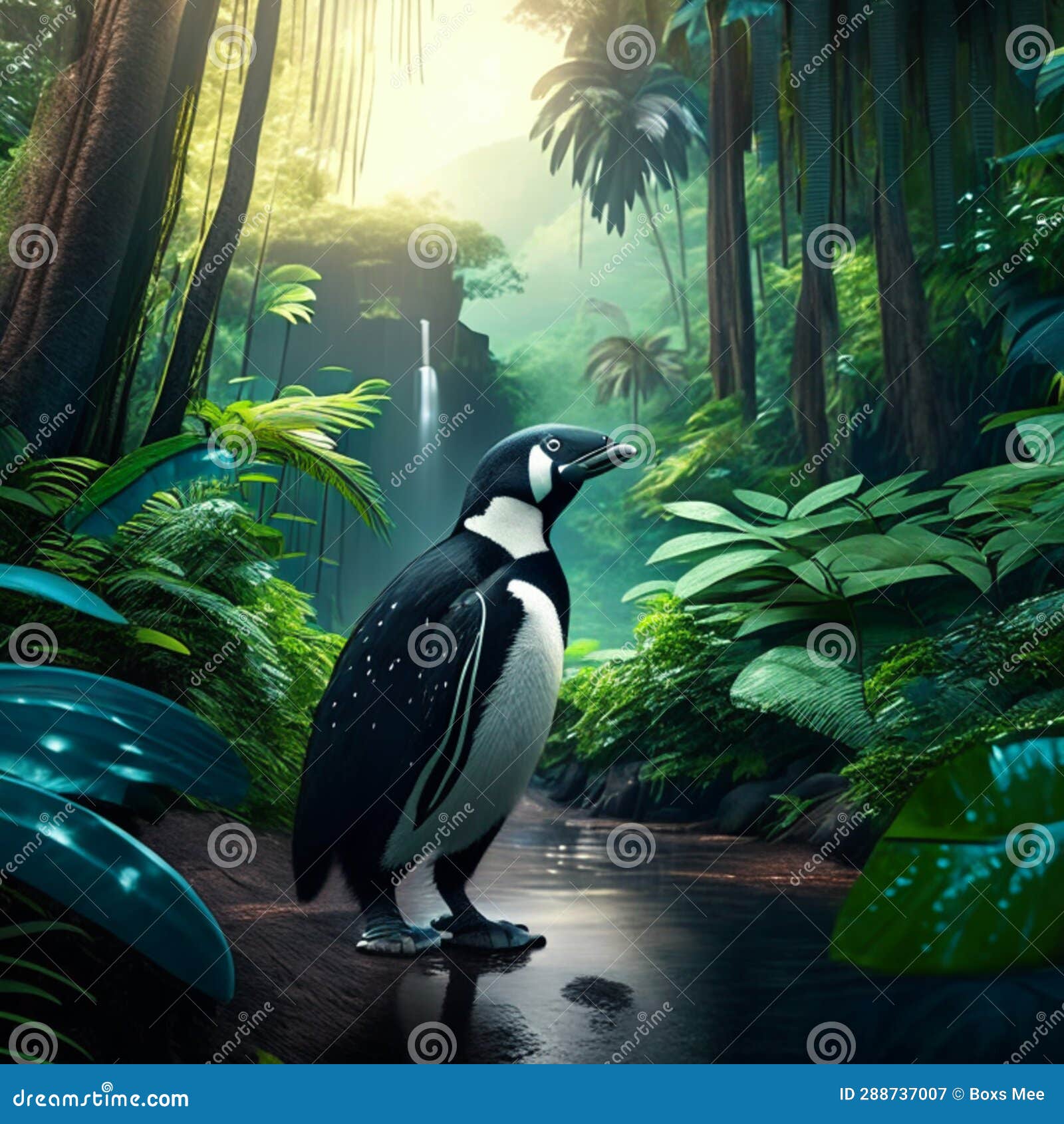 Penguin in the Tropical Forest. Panoramic View Stock Image - Image of ...