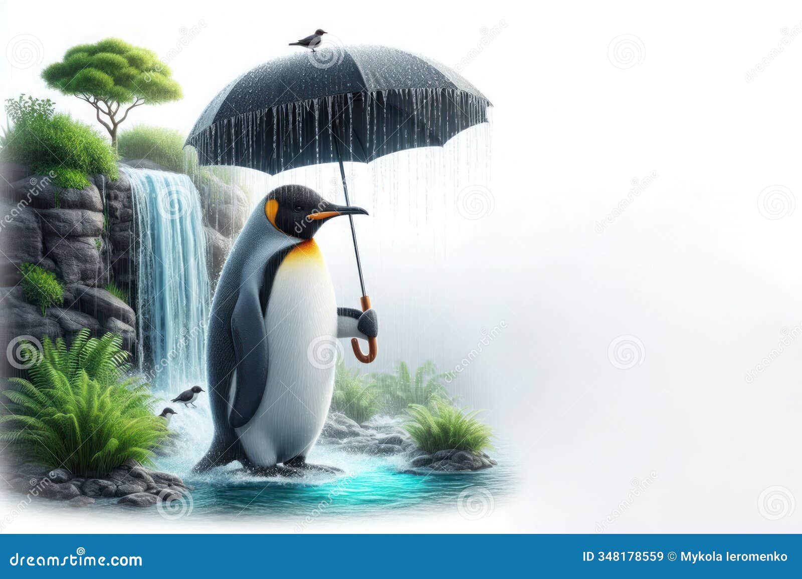 Penguin with an Umbrella in the Rain at a Waterfall. Space for Text ...
