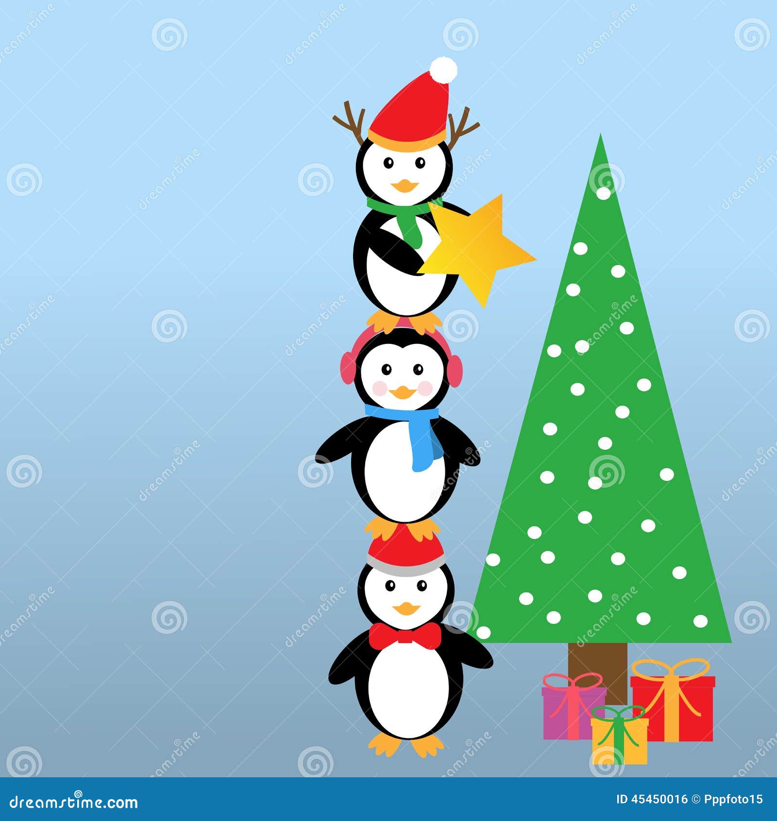 Penguins and Christmas Tree Stock Vector - Illustration of gift, scene ...