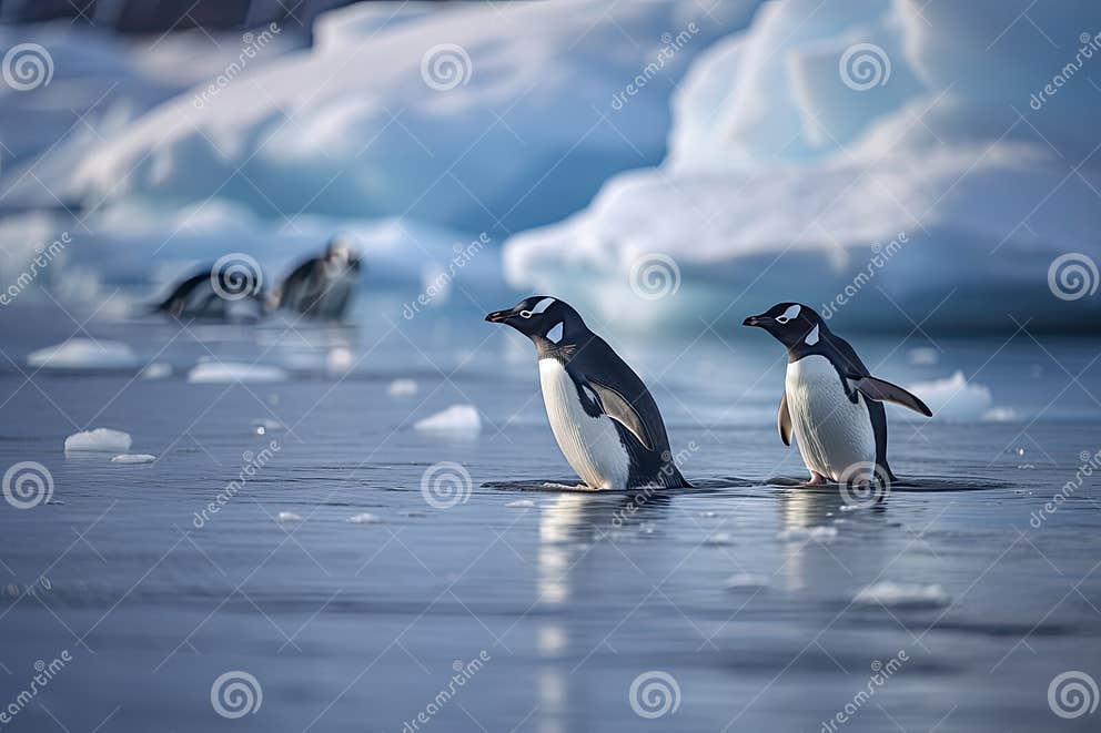 Penguins floating on ice stock illustration. Illustration of wing ...