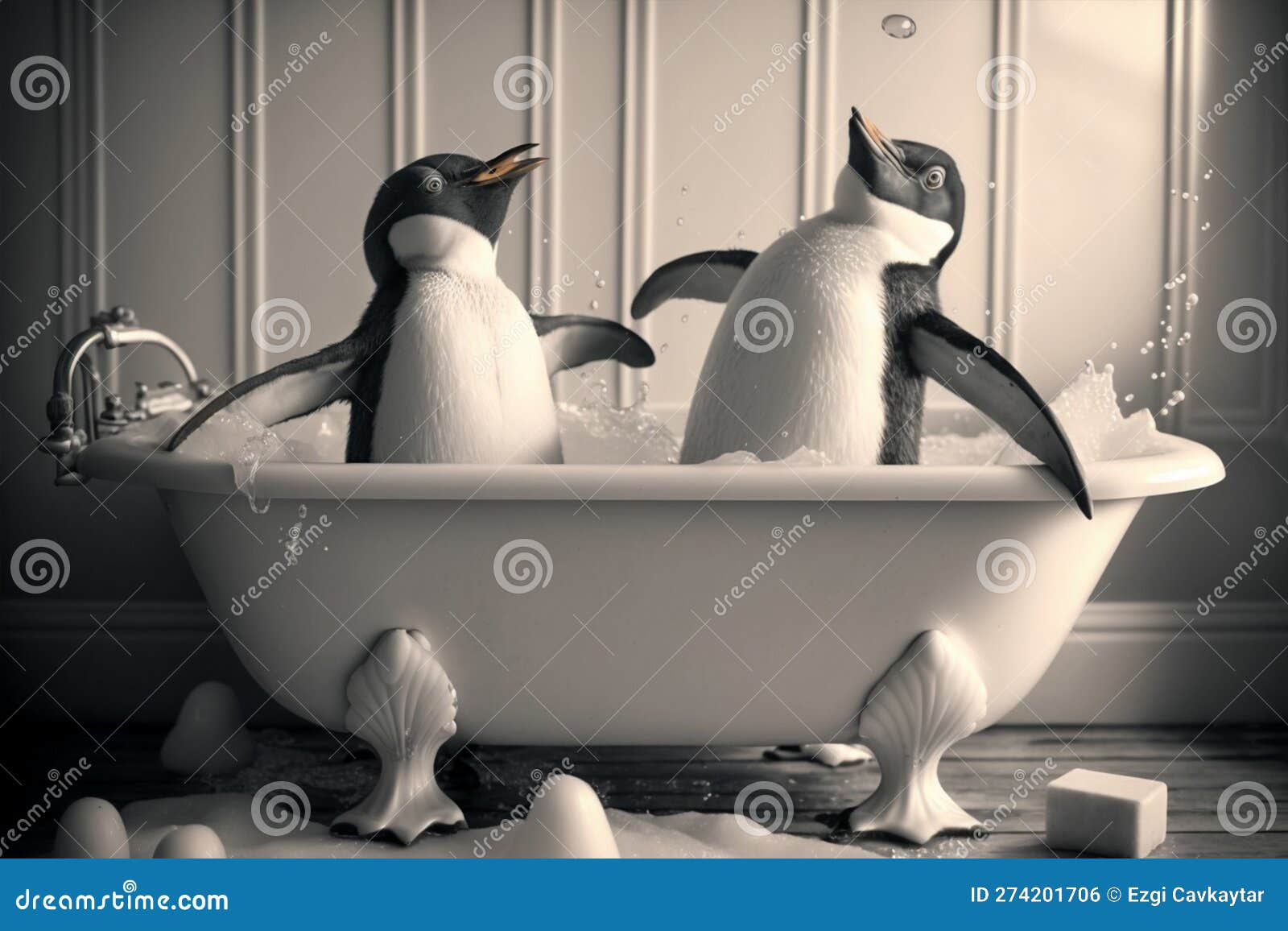 Penguins Having Fun in the Tub, Generative Ai Stock Illustration ...