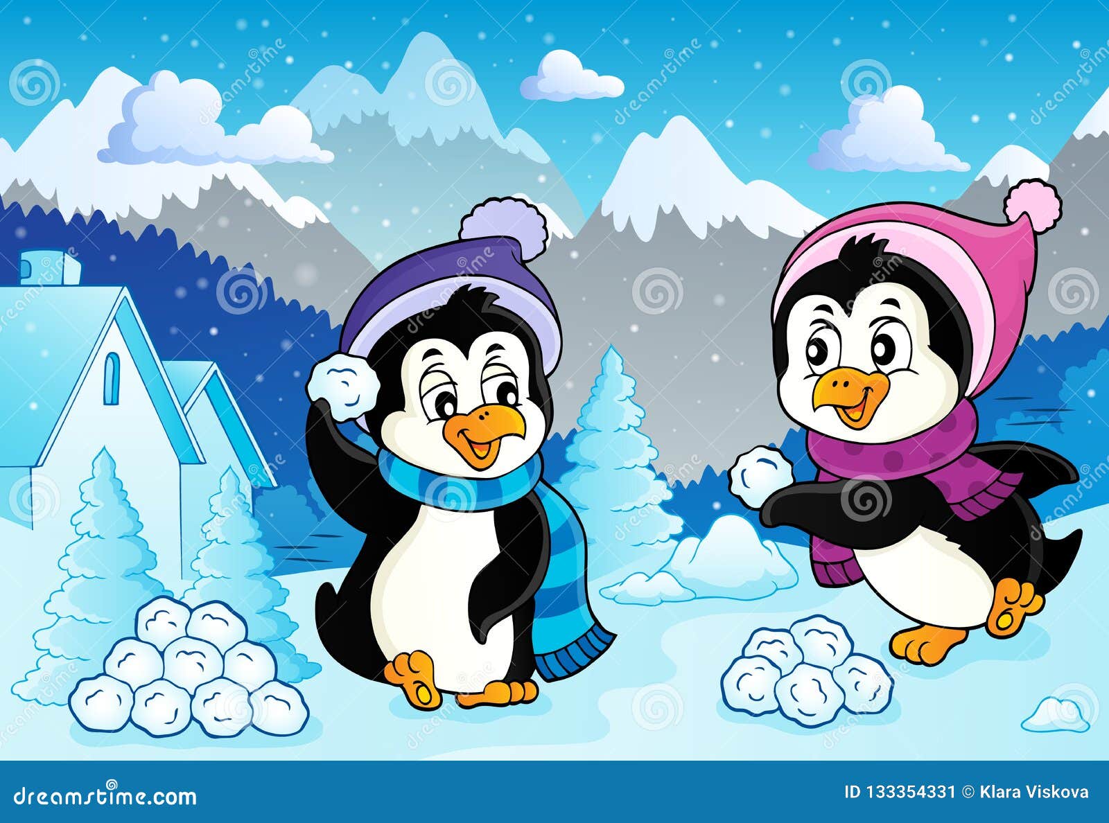 Penguins Playing with Snow Image 2 Stock Vector - Illustration of ...