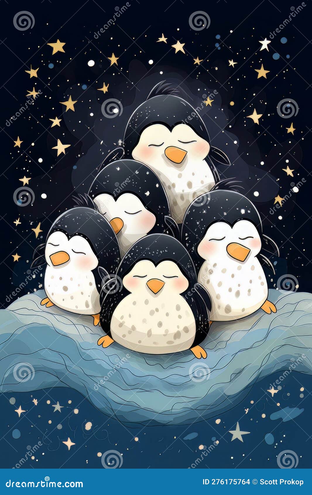 Penguins Sleeping on a Cloud on a Starry Night Stock Photo - Image of ...