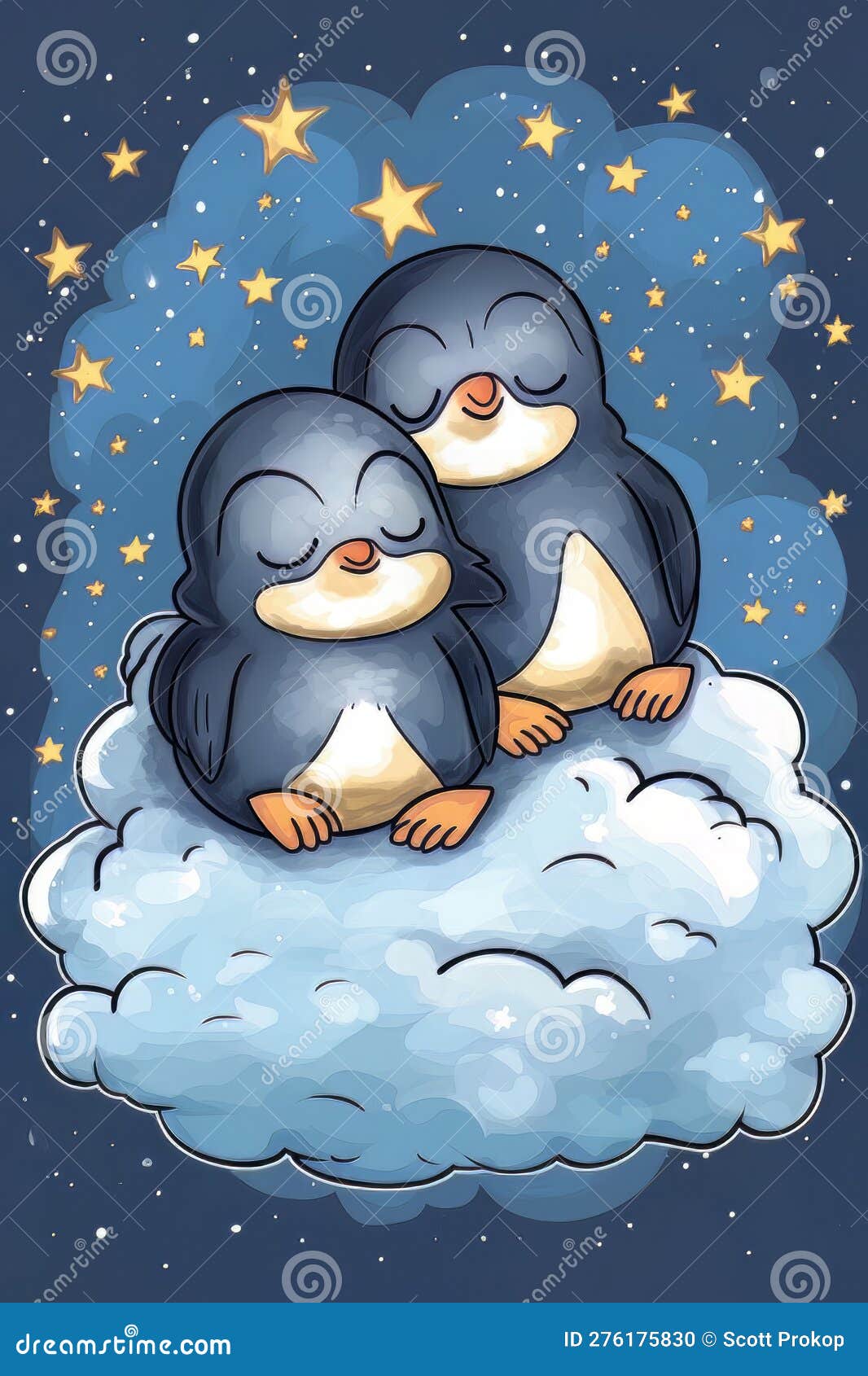 Penguins Sleeping on a Cloud on a Starry Night Stock Photo - Image of ...