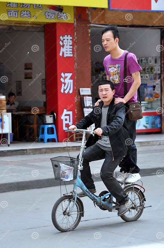 Pengzhou, China: Two Men on a Bicycle Editorial Image - Image of wheel ...