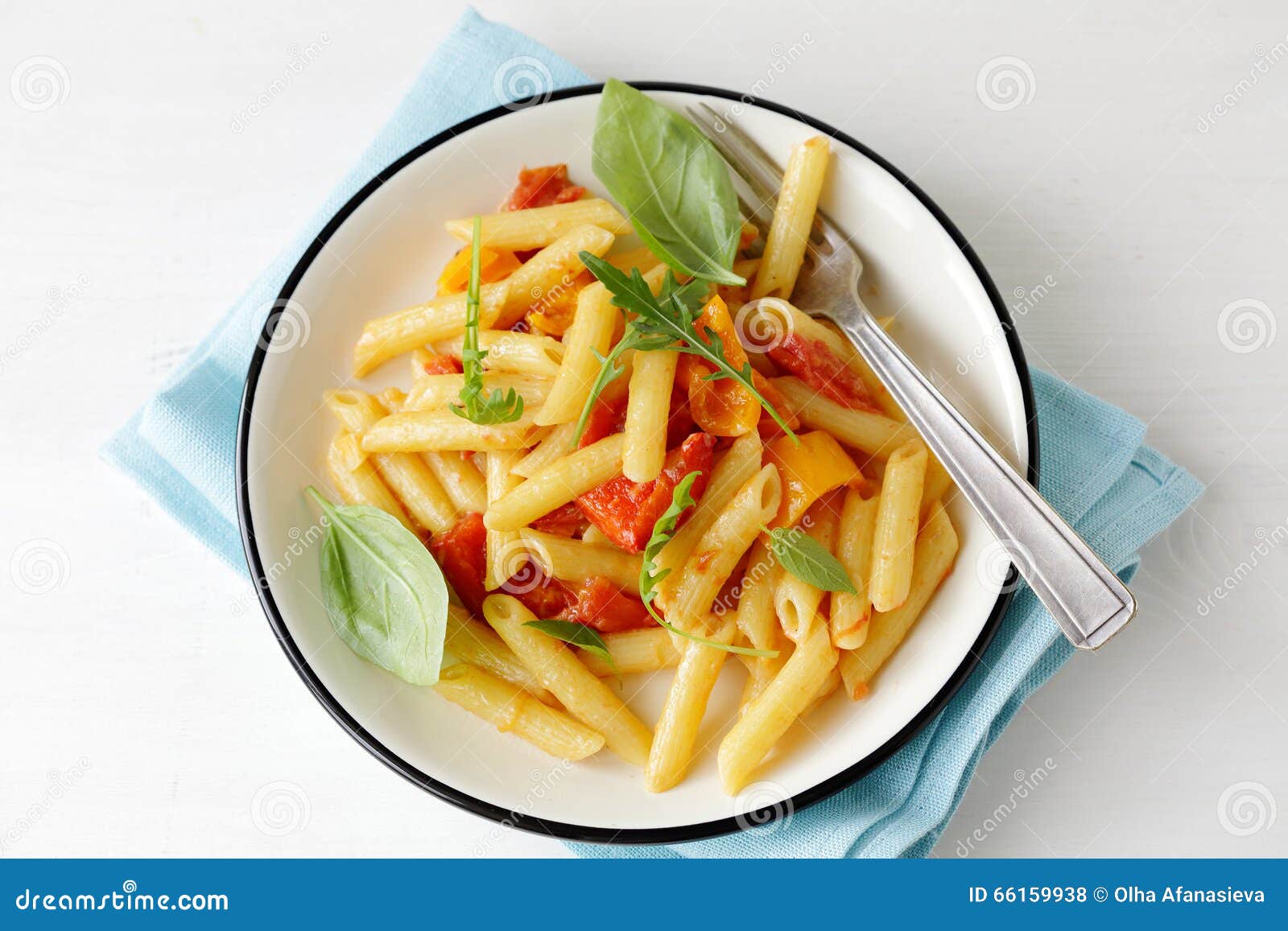 Penne on vintage plate stock photo. Image of herbs, restaurant - 66159938