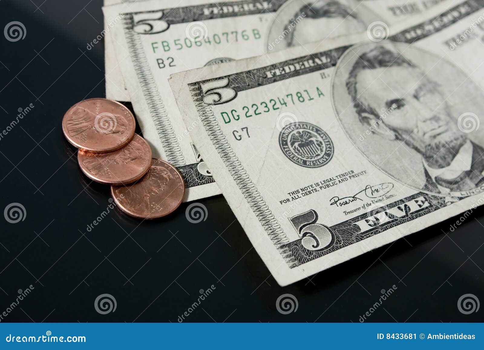 Pennies and Five Dollar Bills Stock Image - Image of coin, bill: 8433681