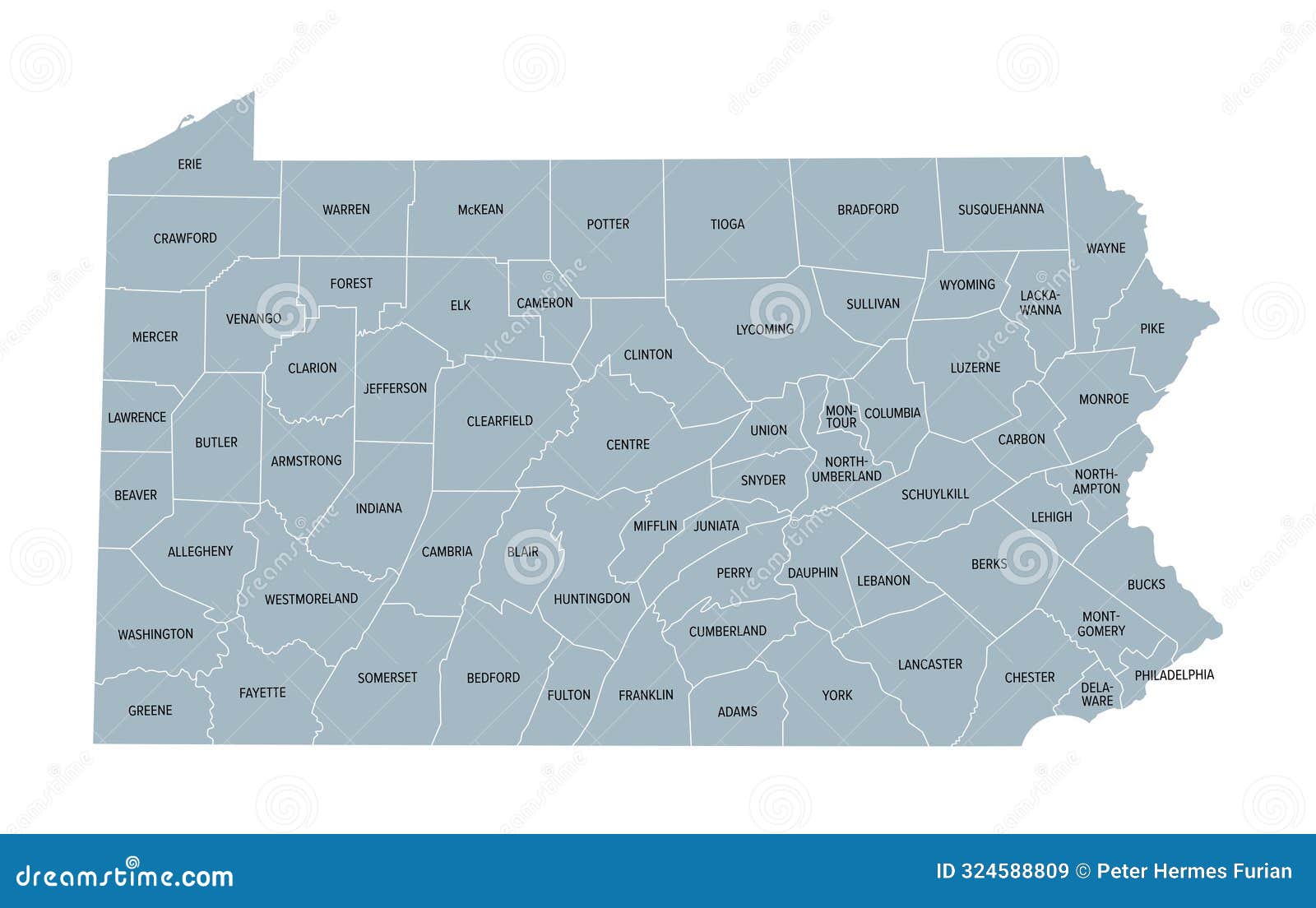 Commonwealth of Pennsylvania, U.S. with 67 Counties, Gray Political Map ...