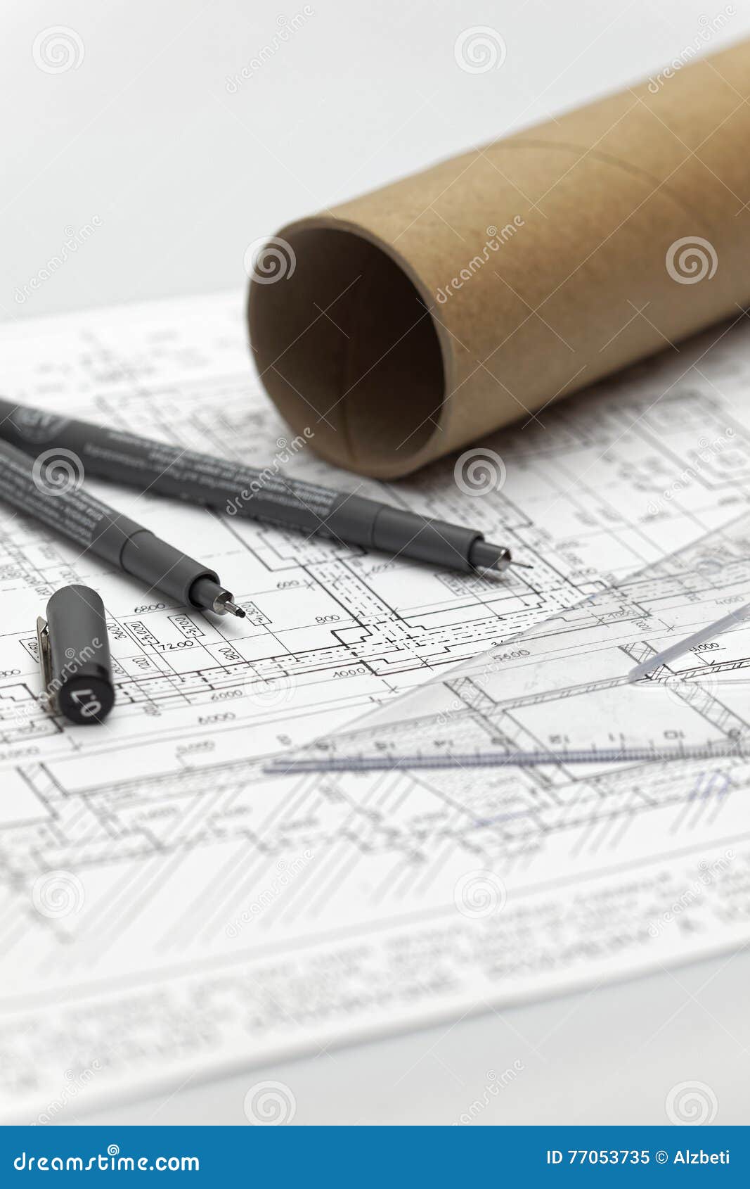 Pens on an Architect Project Stock Image - Image of drawing, builder ...