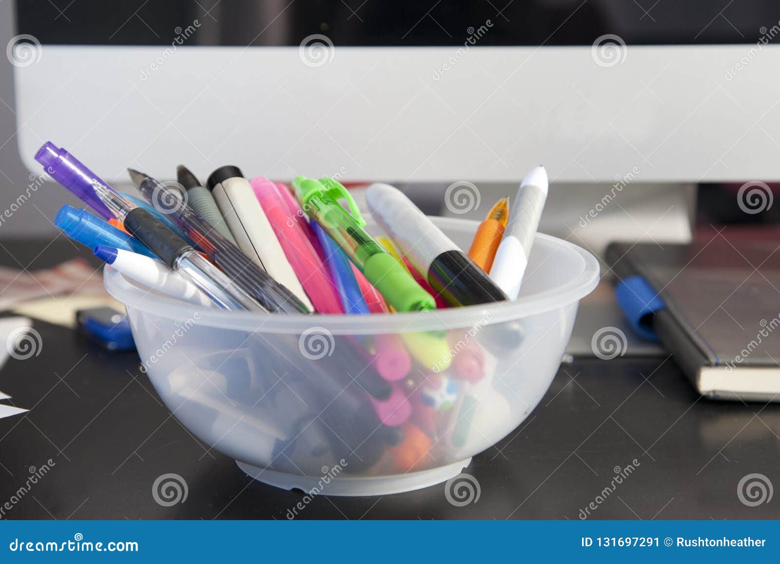 Basket of Office Writing Utensils Stock Image - Image of items, color ...