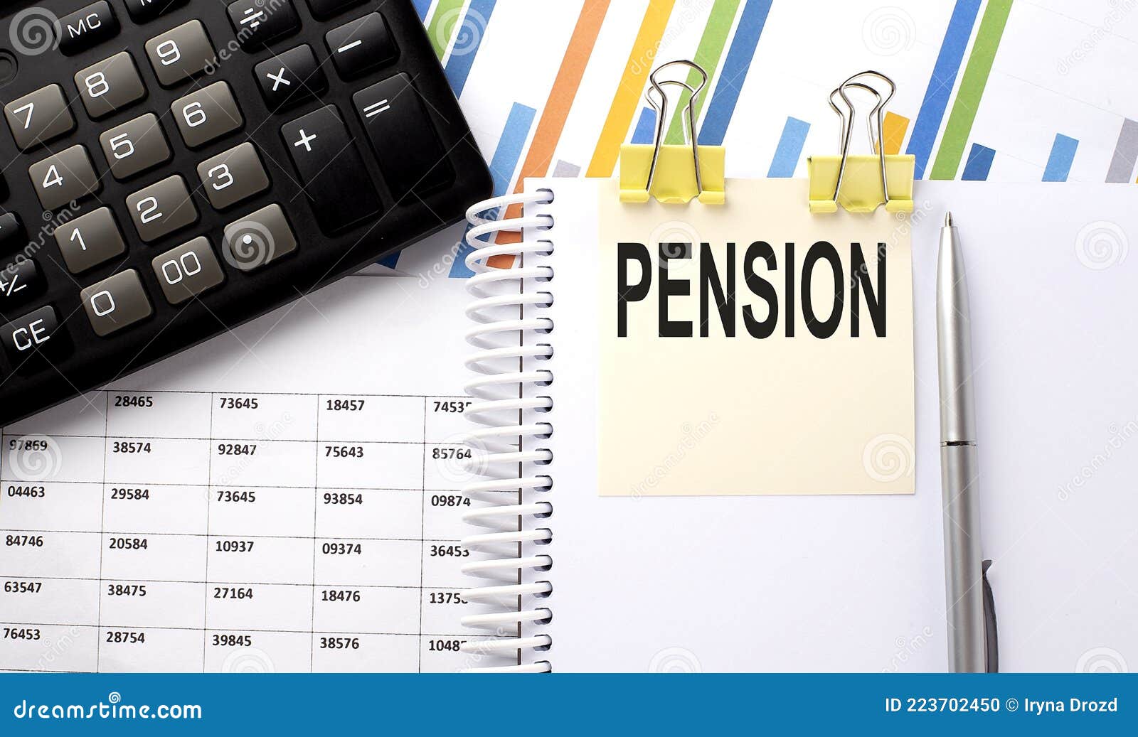 PENSION Text, Written on a Sticker with Calculator,pen on the Chart ...