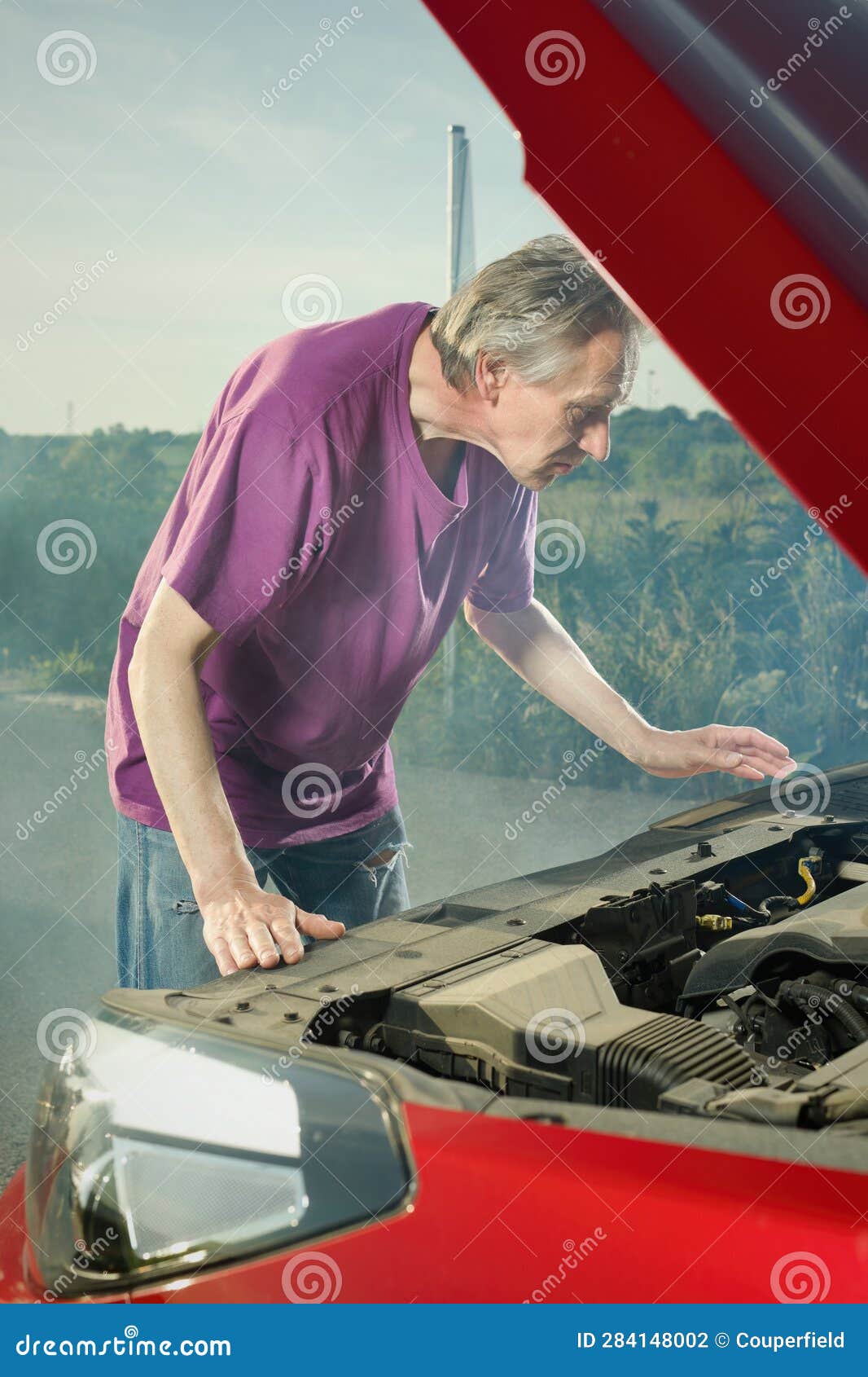 Older Man on Trip Desperate Od His Car with Smoking Engine and ...