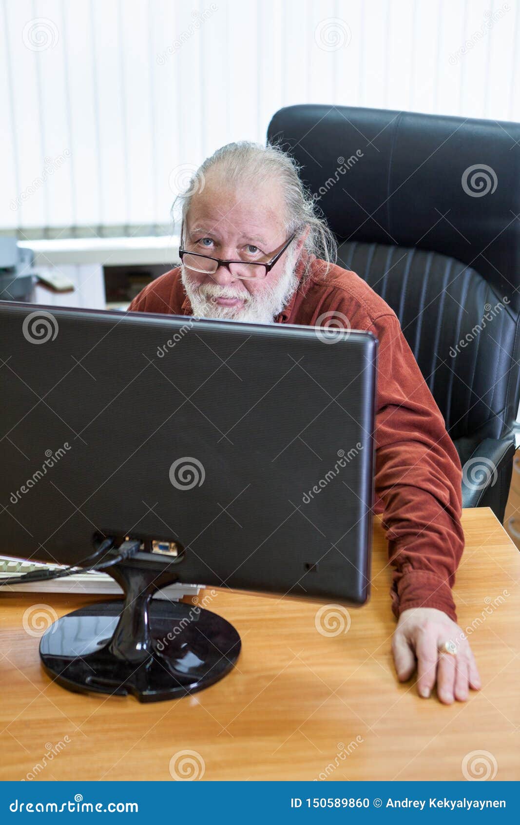 Pensioner Worker with Computer at Work, Man Sitting with Monitor ...