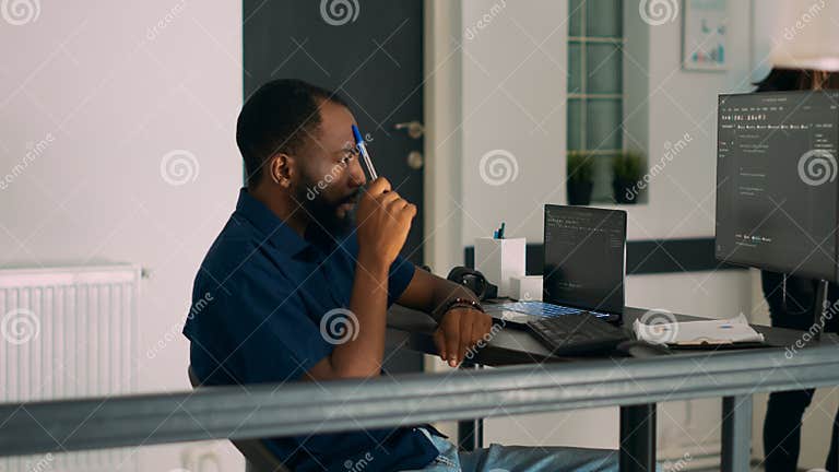 Pensive African American Programer Working on Code Development Stock Photo - Image of security ...