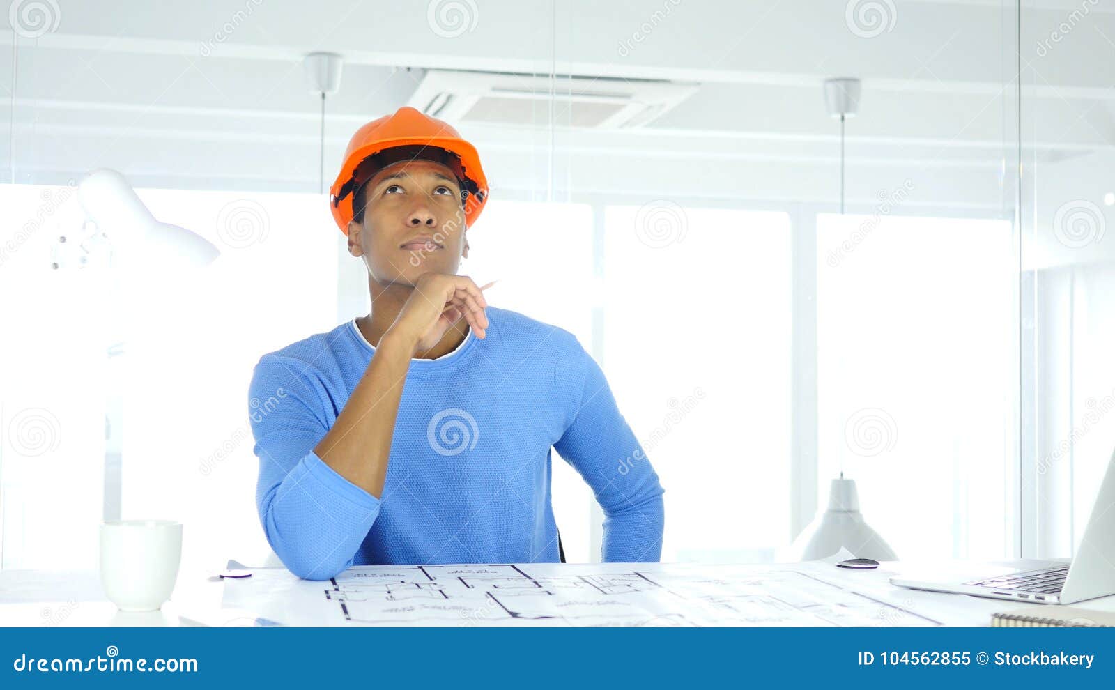 Pensive Afro-American Architectural Engineer Thinking at Work Stock ...