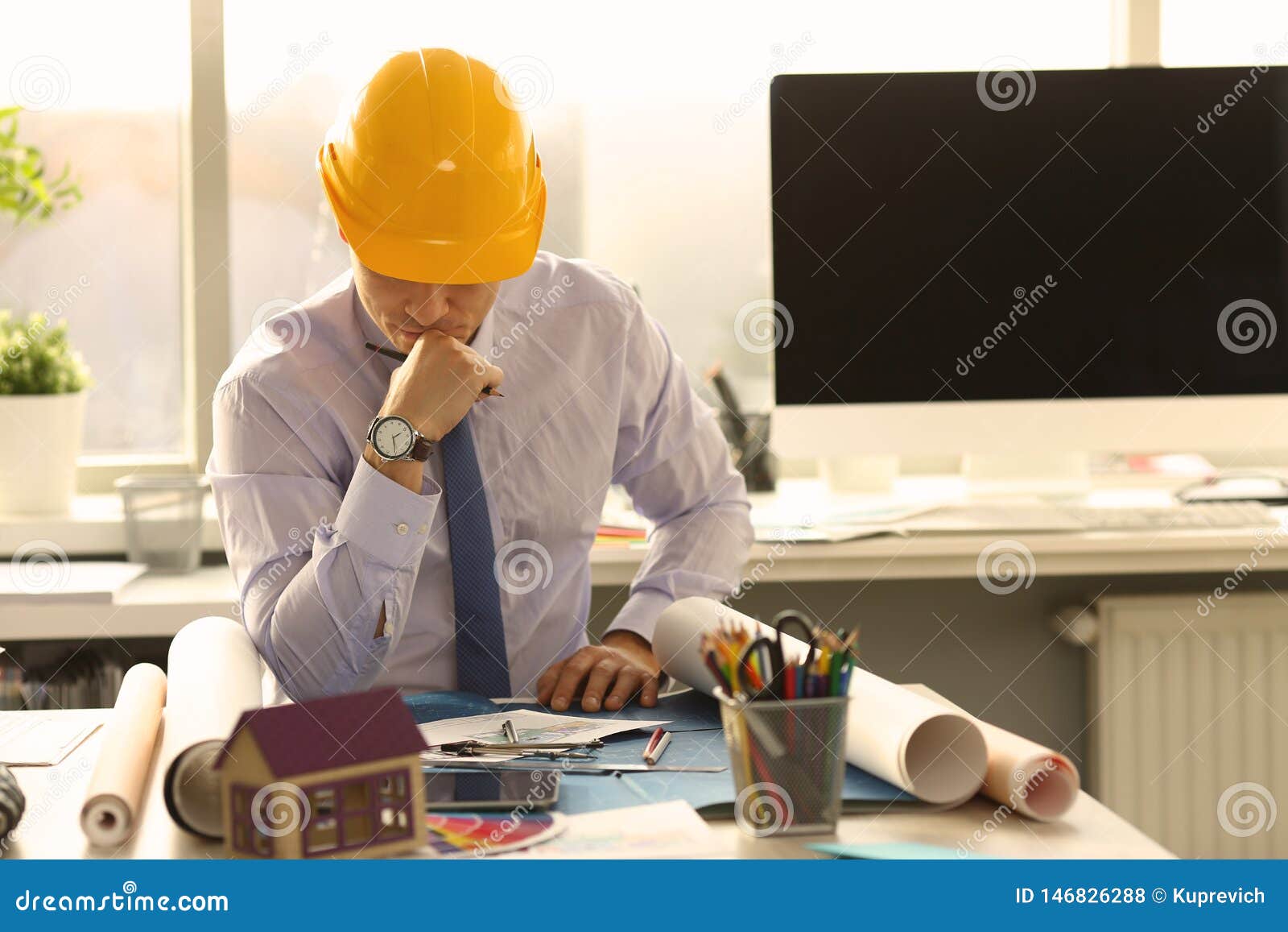 Pensive Architect Think at Engineering Office Stock Photo - Image of ...
