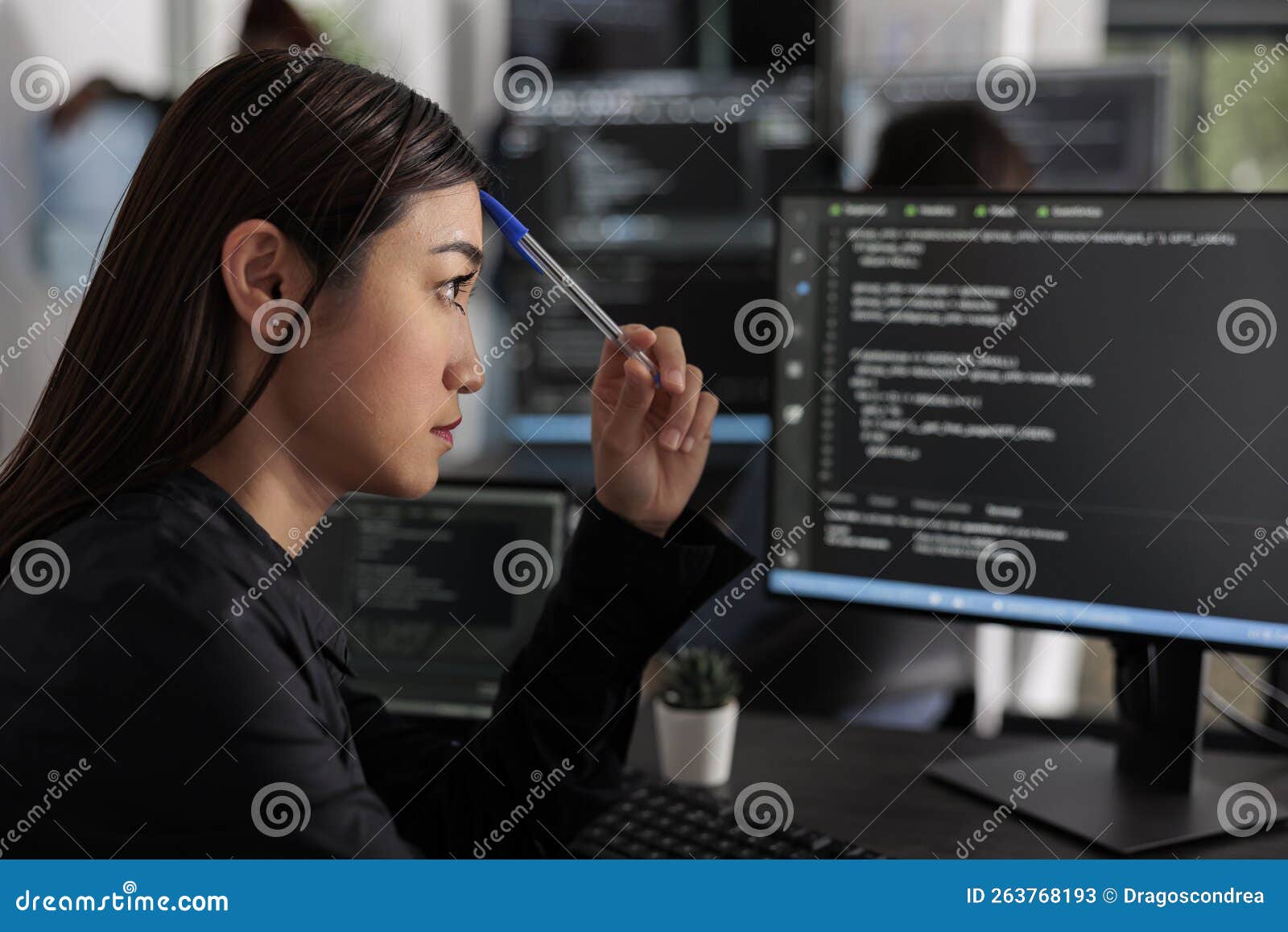 Pensive Asian it Programmer Thinking at Html Script Development Stock Image - Image of software ...