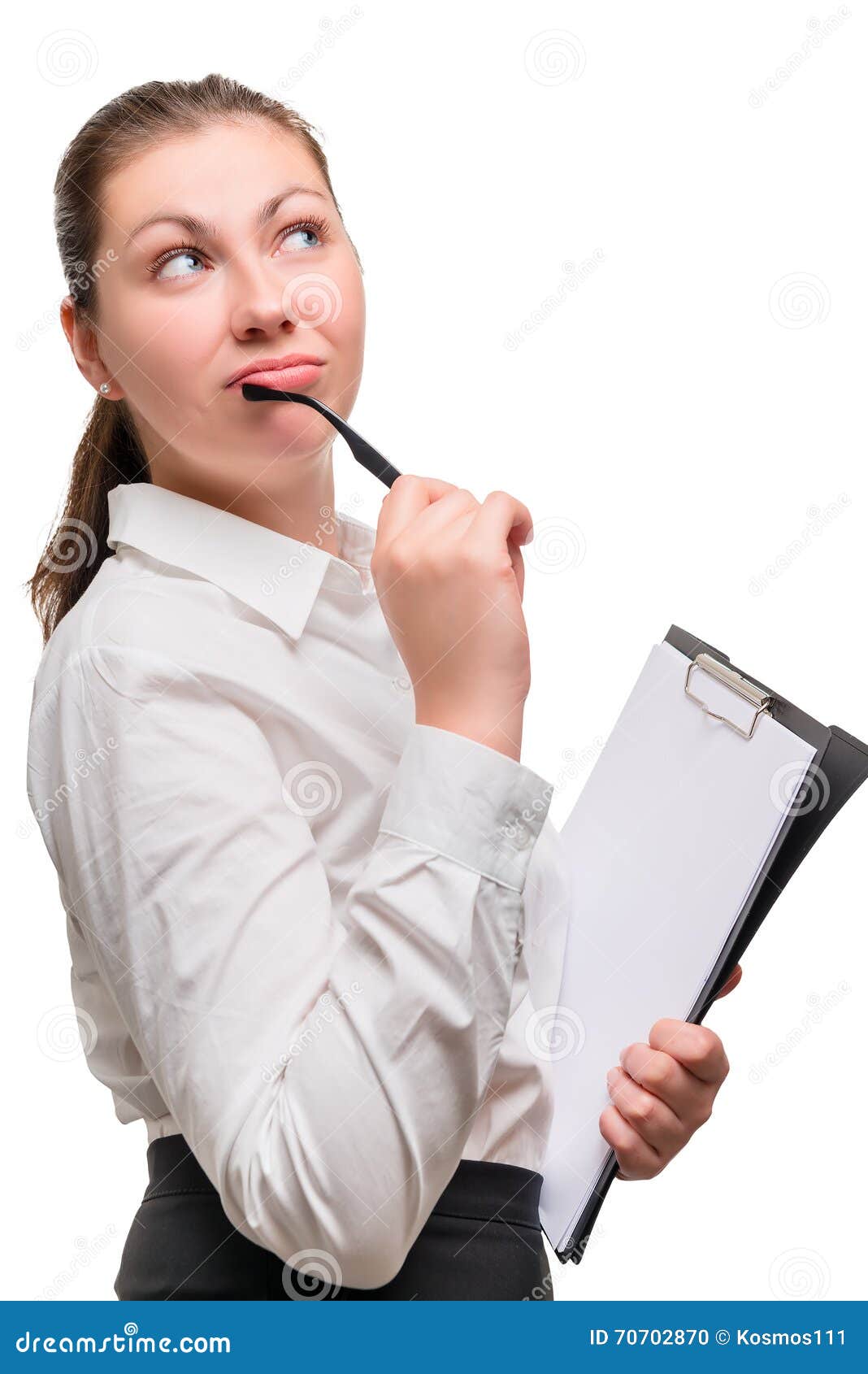 Pensive Beautiful Secretary with Folder in Hand Stock Photo - Image of ...