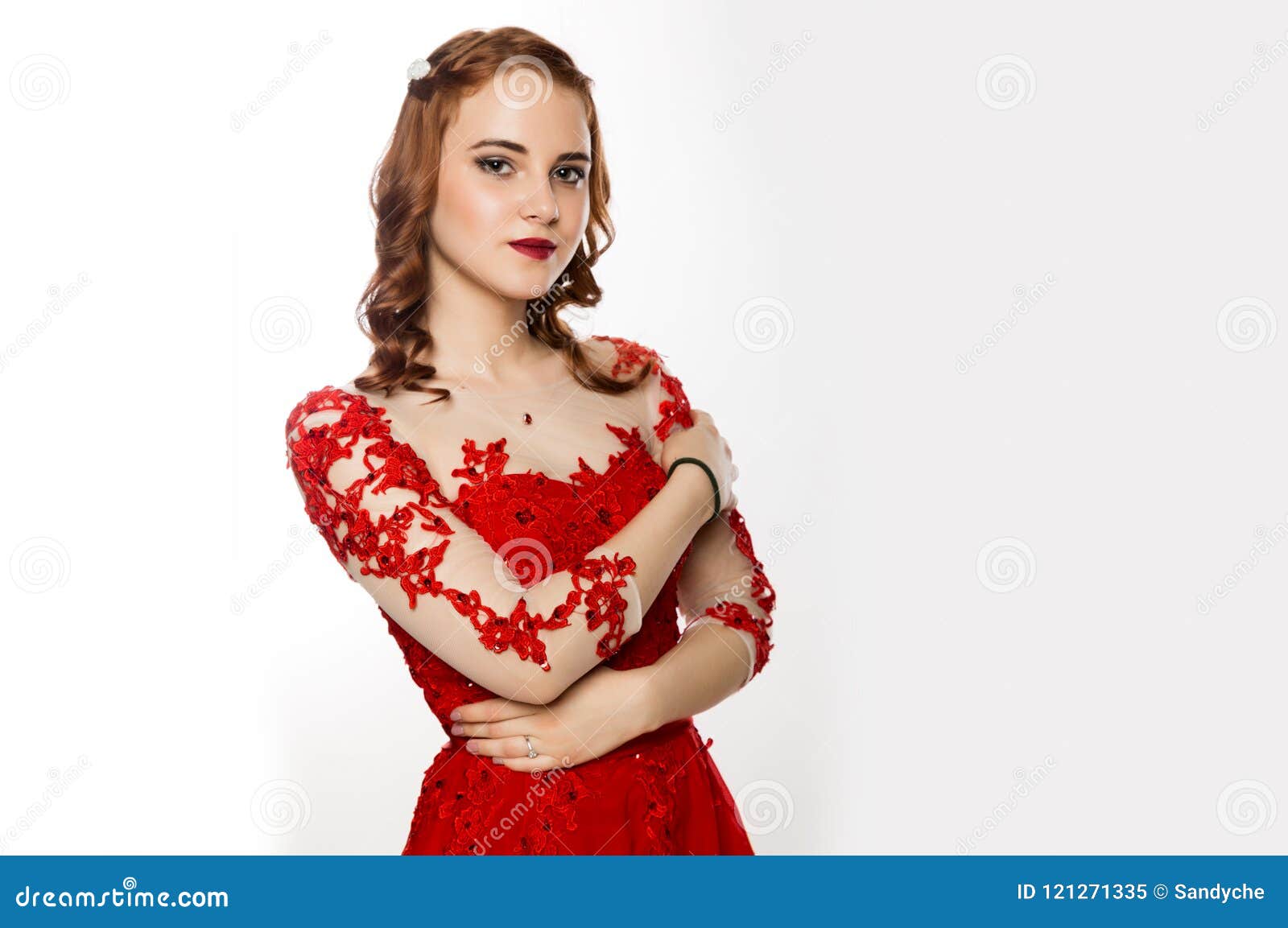 Pensive Beautiful Woman In Red Dress On A White Background Free Space For Your Text Stock Image