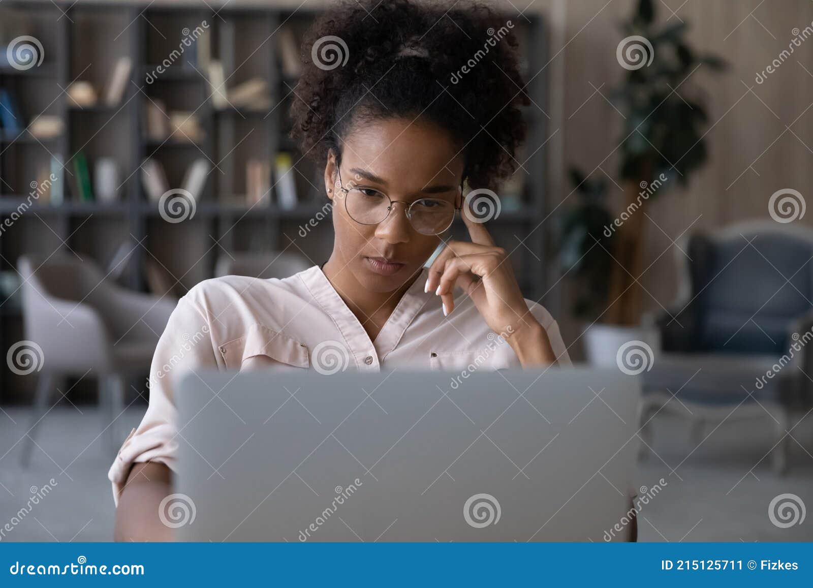 Pensive Biracial Woman Work on Laptop Thinking Stock Image - Image of ...