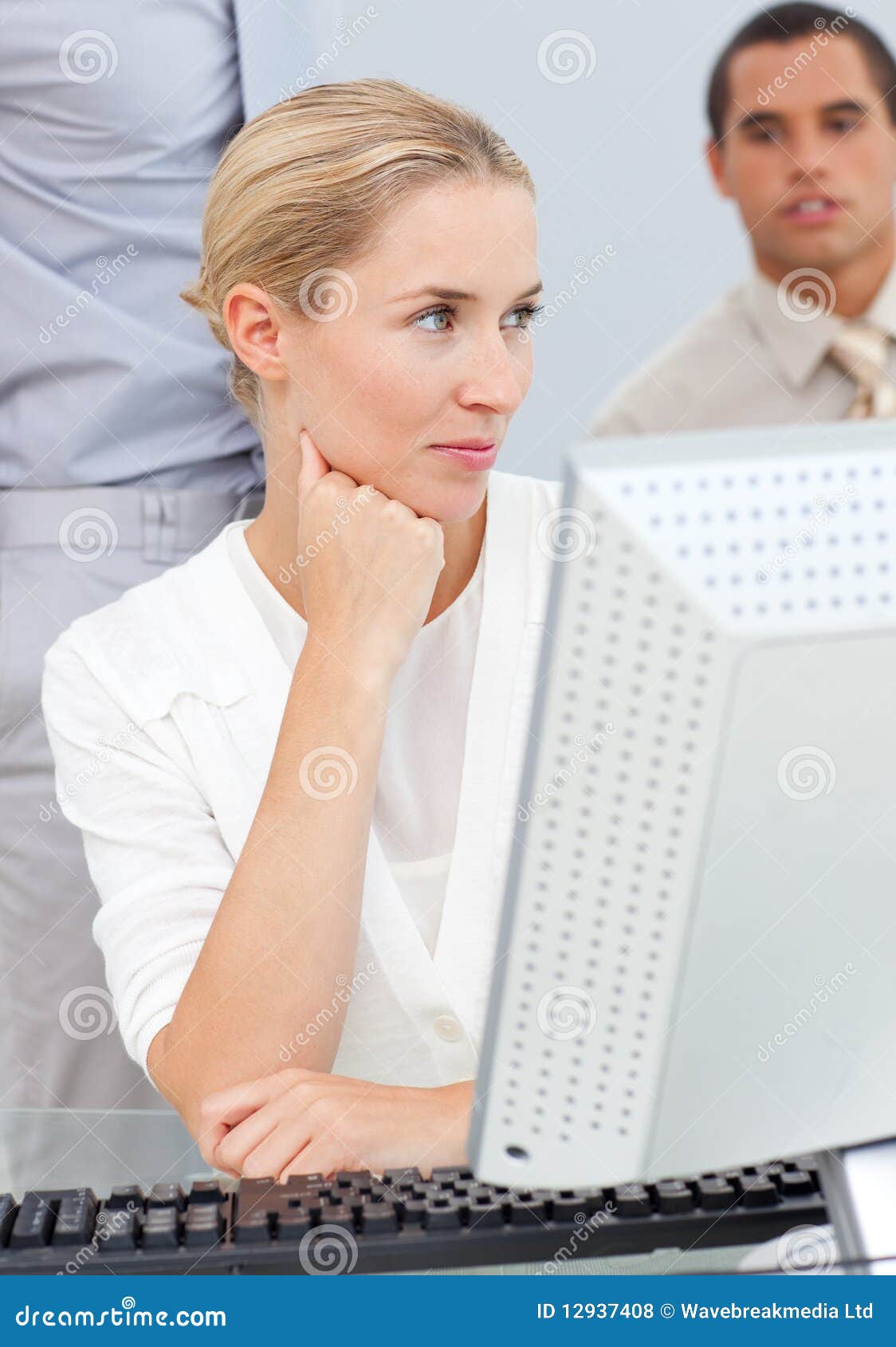 Pensive Blond Woman Working at a Computer Stock Photo - Image of happy ...