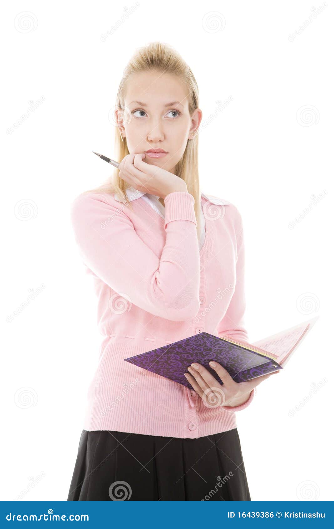 Pensive Blonde Girl with Pen and Diary/copybook Stock Photo - Image of ...