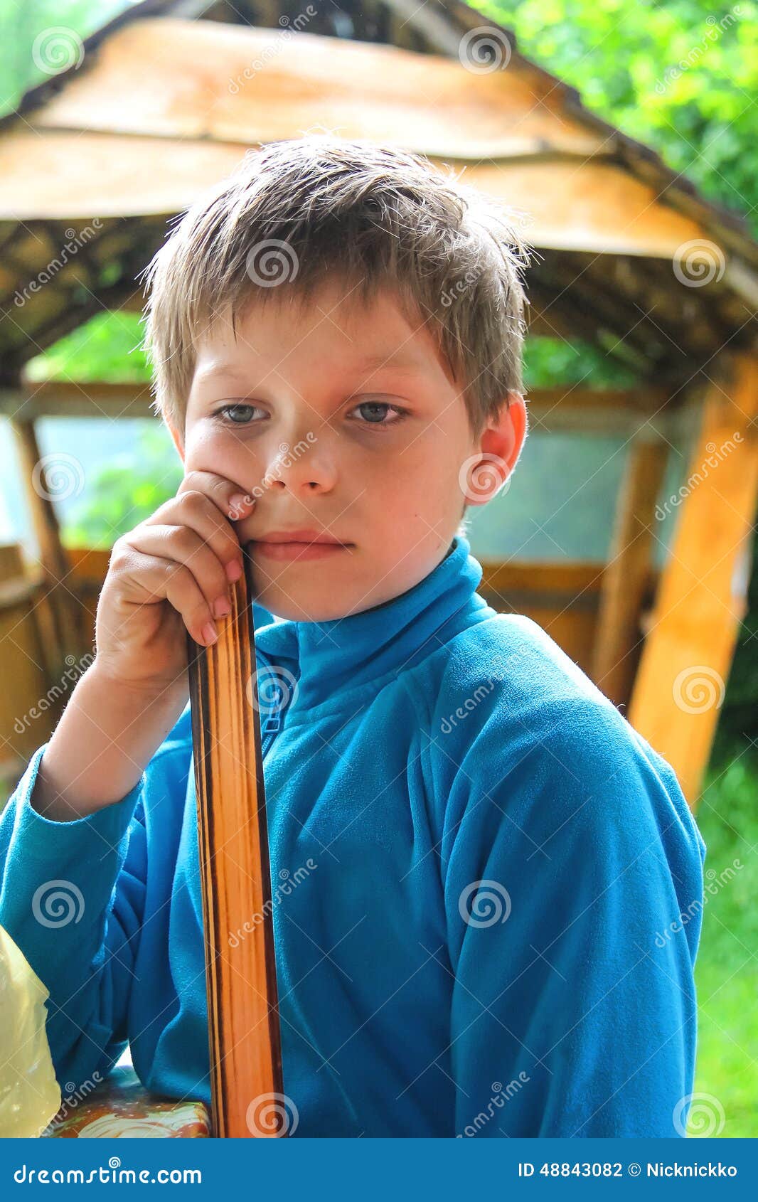 Pensive Boy in Summer Wooden Gazebo Stock Photo - Image of nature ...
