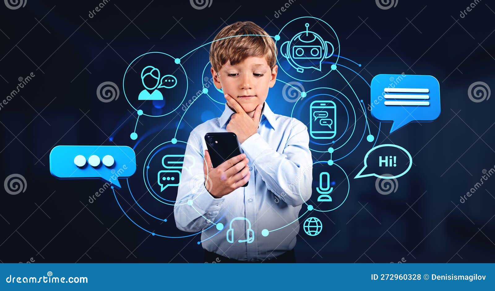 Pensive Boy Using Chat Bot in Smartphone, Chatbot Icons. AI and ...