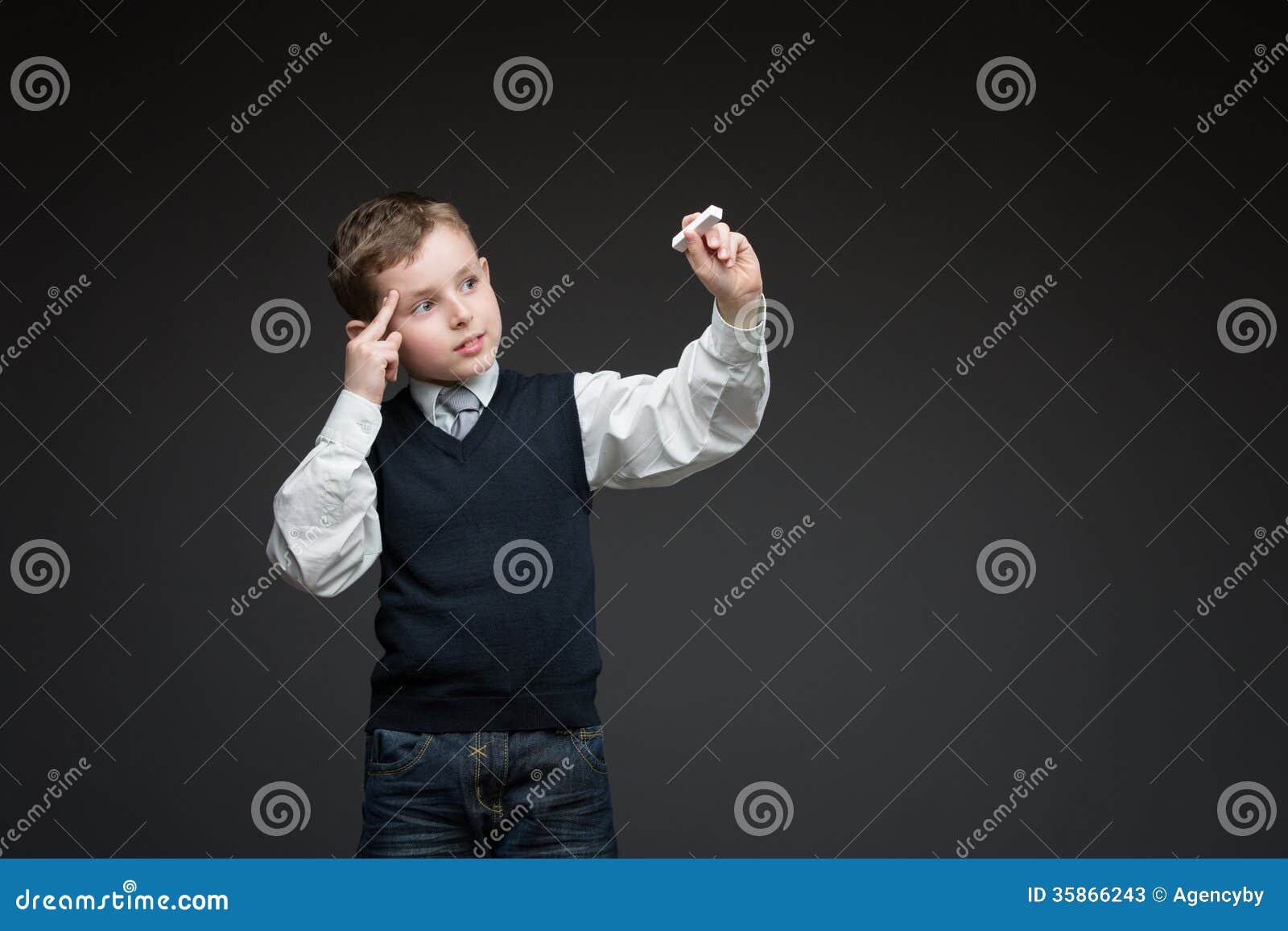Pensive Boy Writing Something with Chalk Stock Image - Image of ...