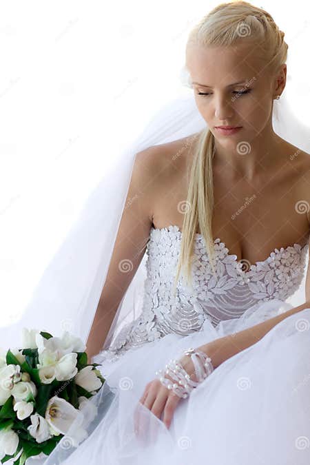Pensive Bride stock photo. Image of bouquet, white, cute - 10055096