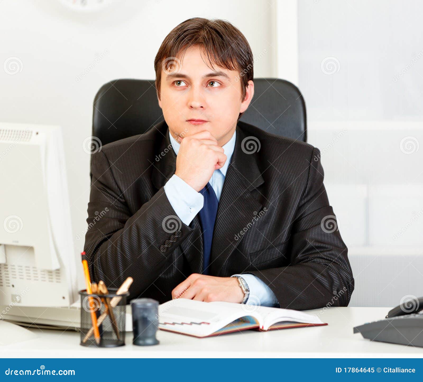Pensive Business Man Planning Timetable in Diary Stock Image - Image of ...