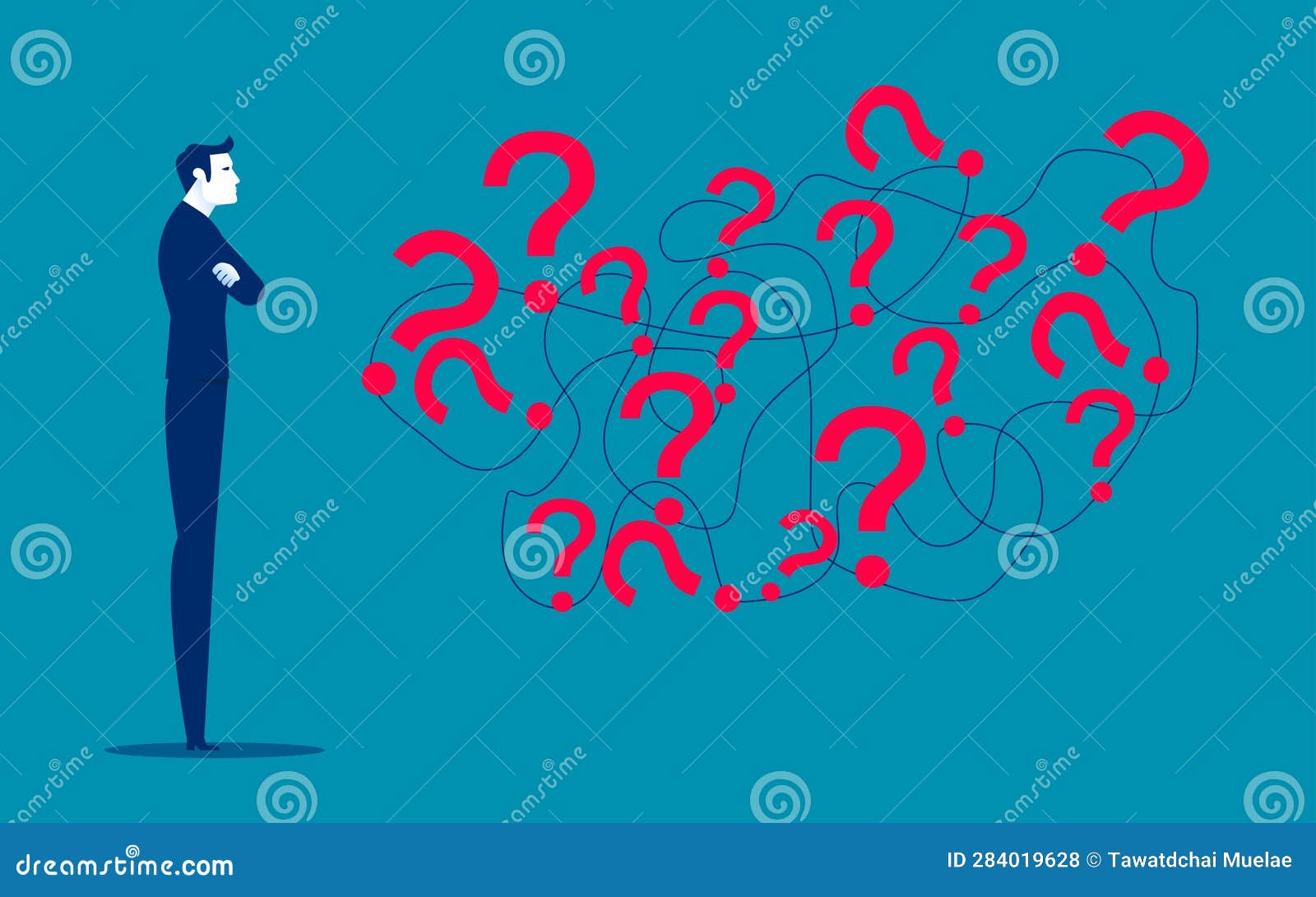 Pensive Business Person with Question Marks Brainstorm Think of Problem ...