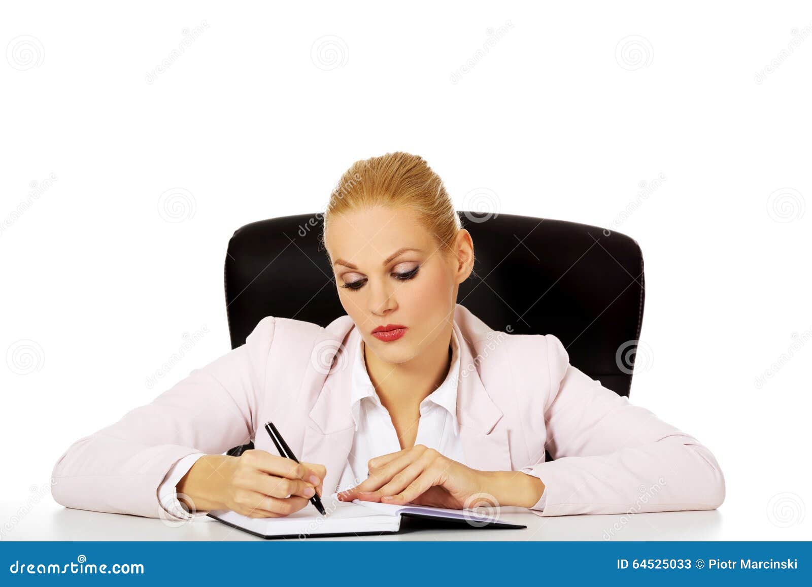 Pensive Business Woman Taking Notes Behind the Desk Stock Image - Image ...