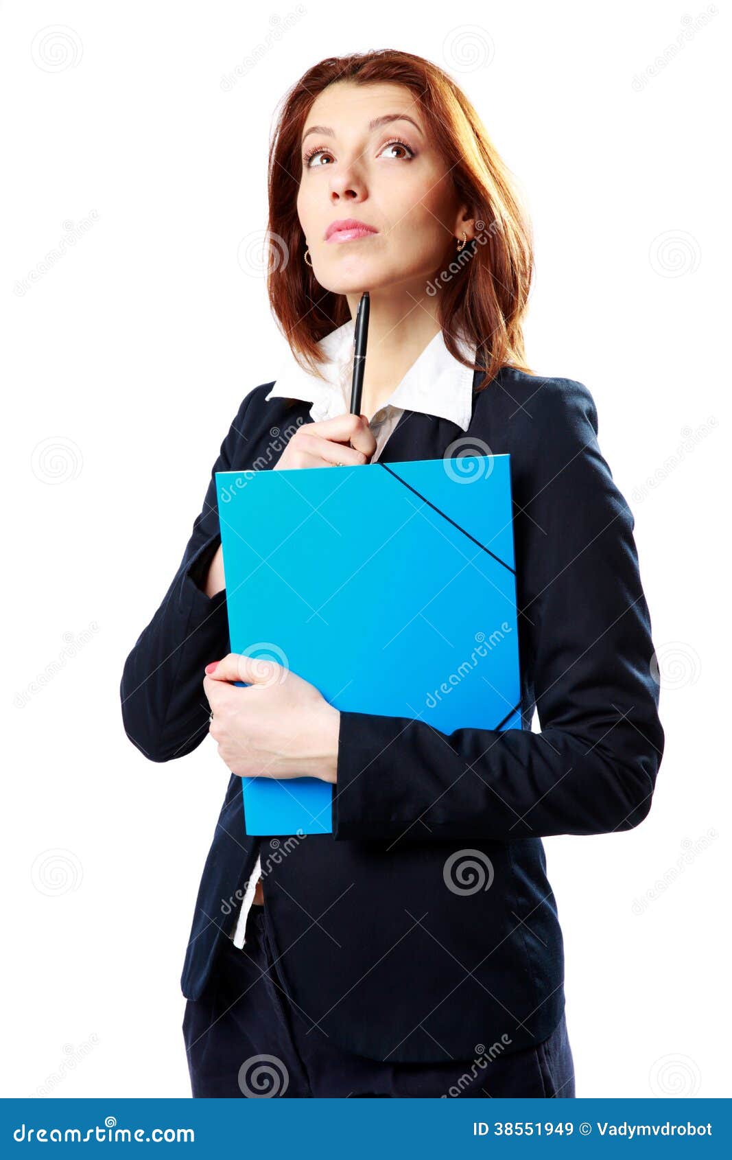Pensive Businesswoman Holding Pen with Notebook Stock Image - Image of ...