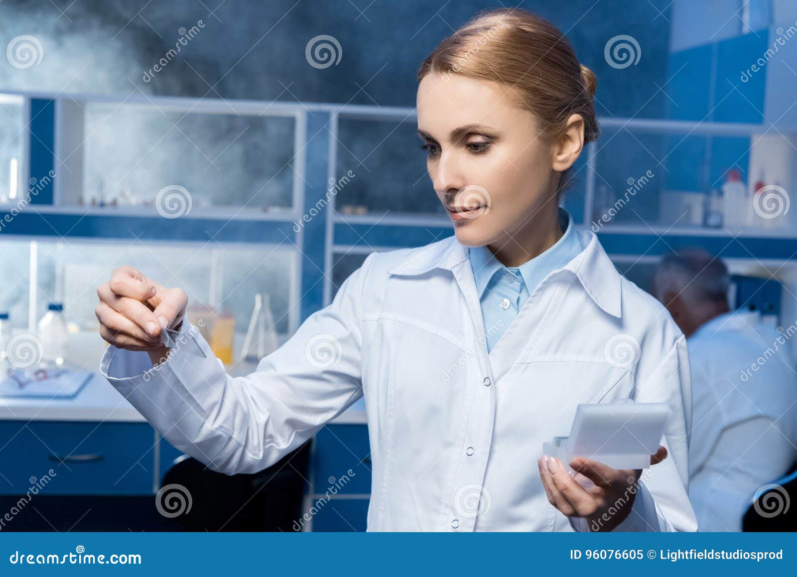 Pensive Chemist in Lab Coat Looking at Samples Stock Image - Image of ...