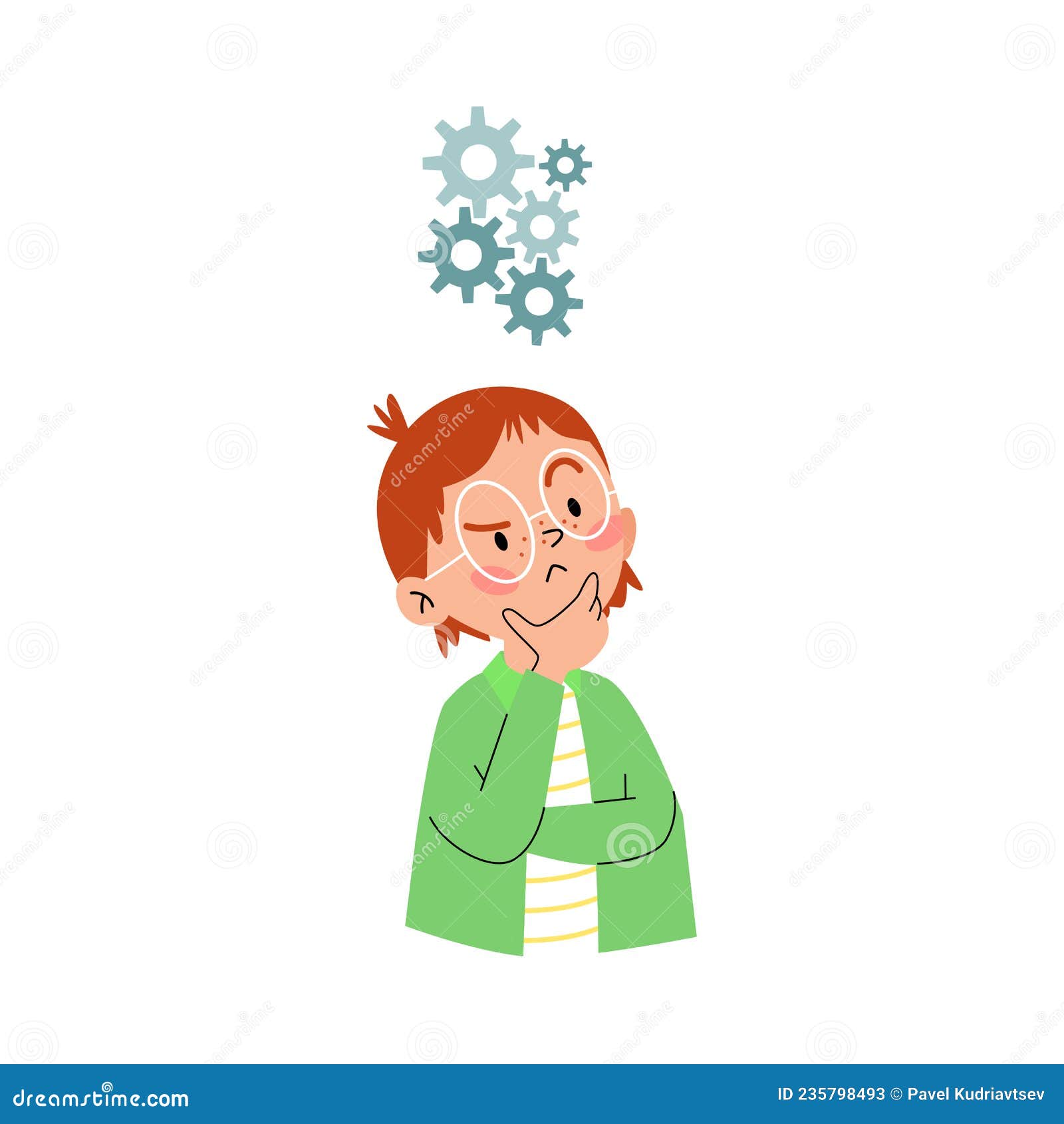 Pensive Child Thinking Over Question or Task Flat Vector Illustration ...