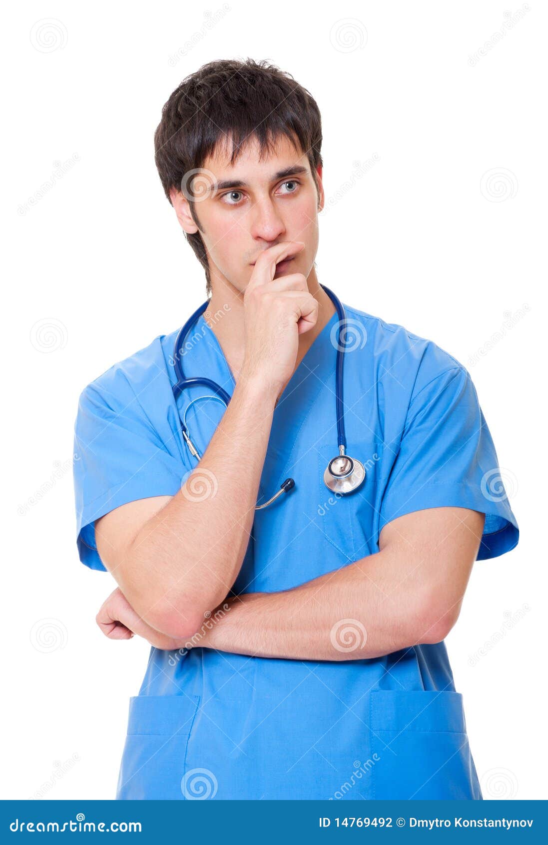 Pensive Doctor in Blue Uniform Stock Photo - Image of folded, scientist ...