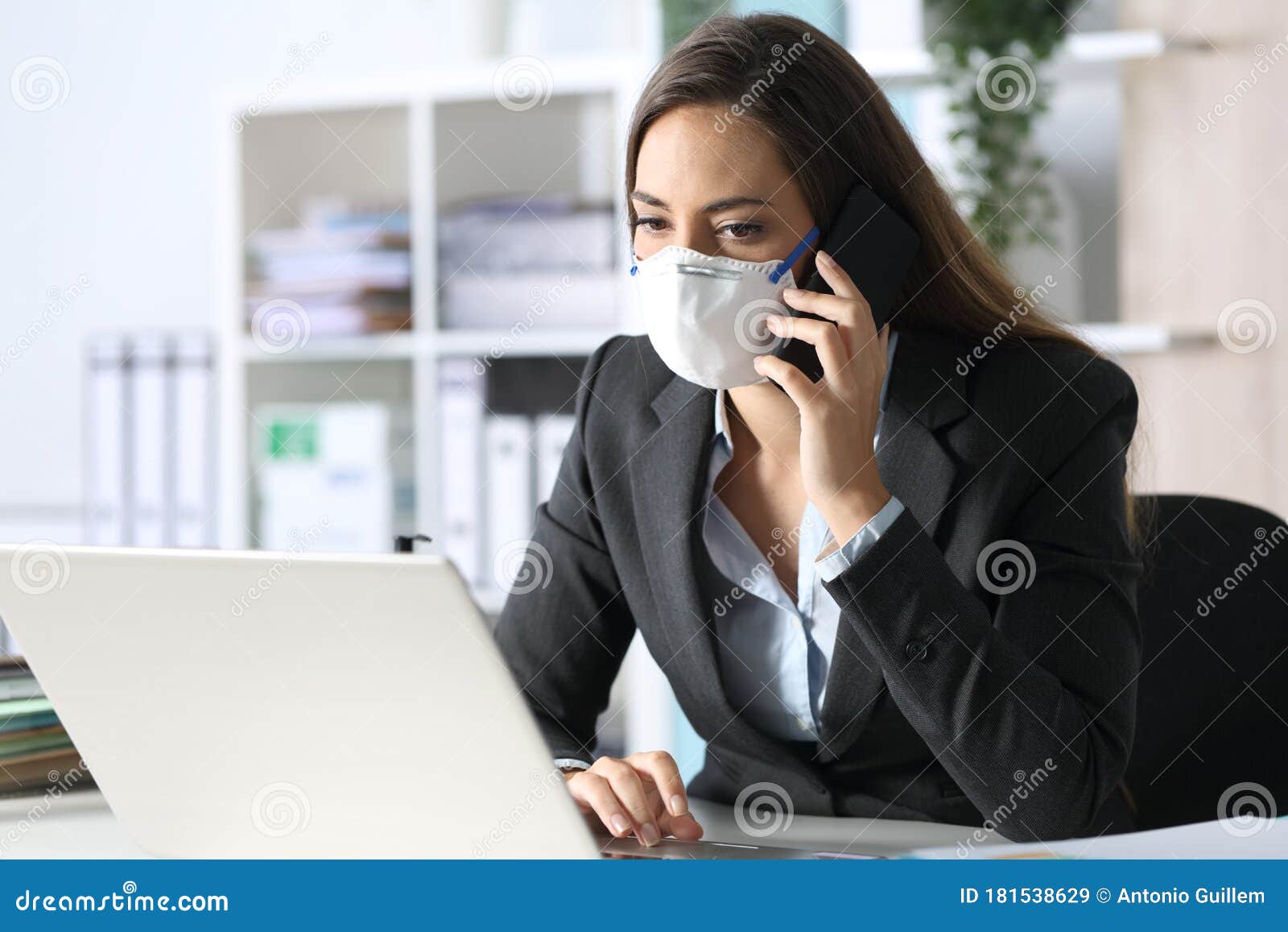 Pensive Executive Calling on Phone Avoiding Coronavirus at Office Stock ...